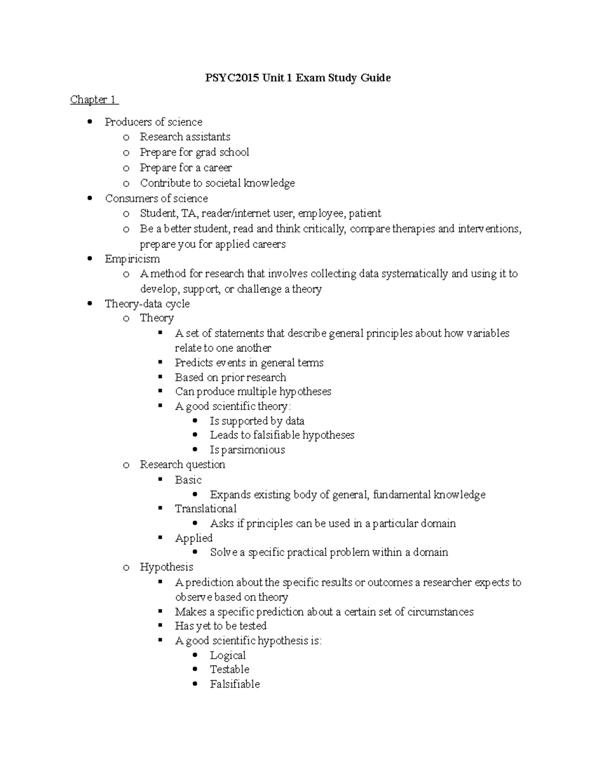 Exam1Study Guide - Lecture notes 1-4 - PSYC2015 Unit 1 Exam Study Guide ...