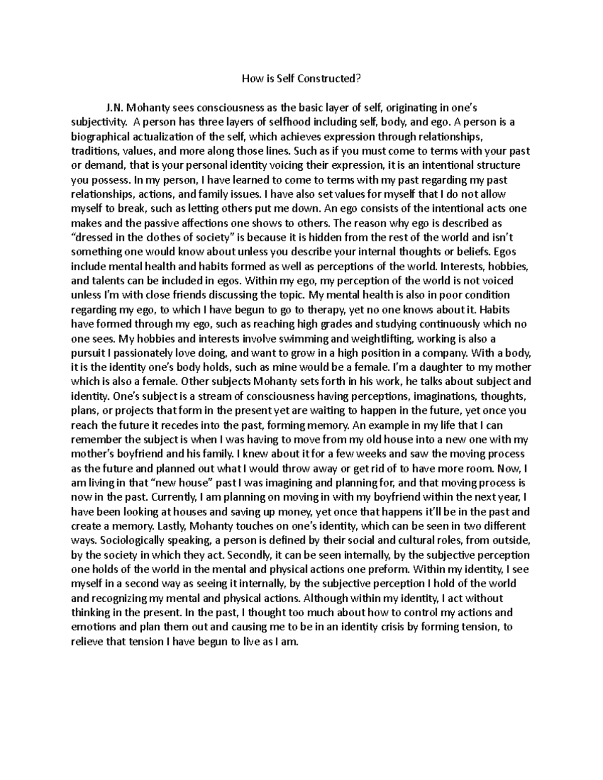 How is Self Constructed - Mohanty sees consciousness as the basic layer ...