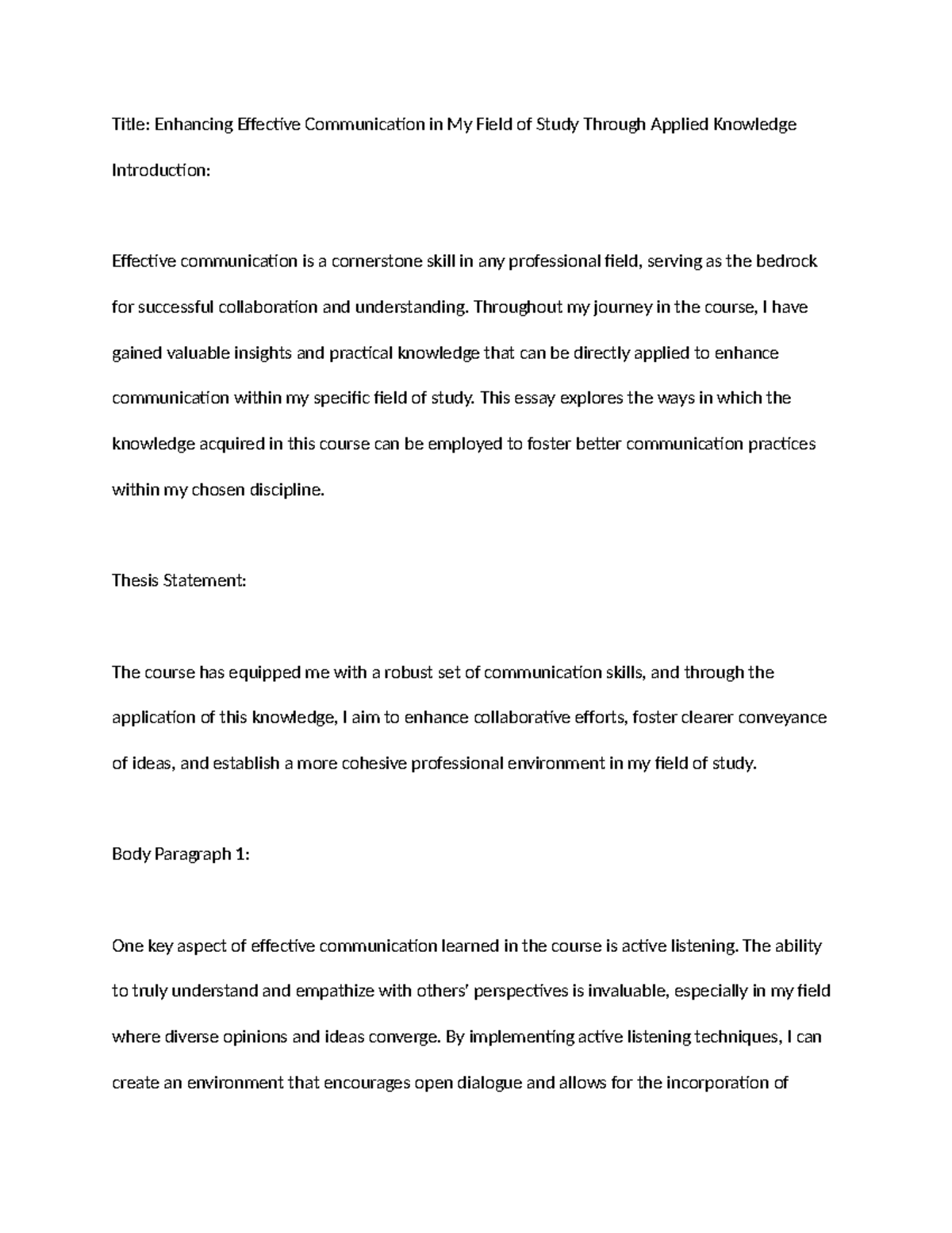 Self Reflection Essay UNV-104 - Title: Enhancing Effective ...