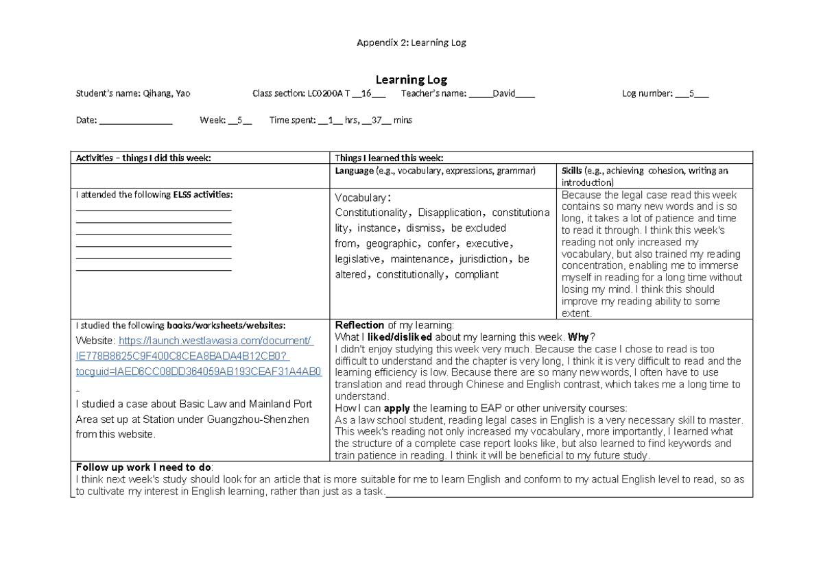 Learning Log5 - 111111111111111 - Appendix 2: Learning Log Learning Log ...