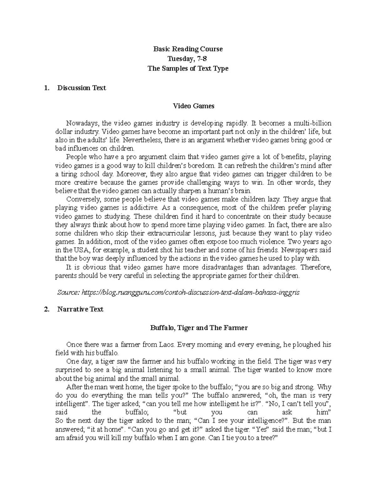 Types of Reading Texts - Basic Reading Course Tuesday, 7- The Samples ...