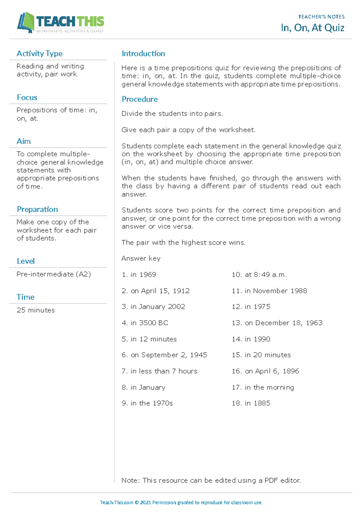 In On At Quiz - In ON at prepositions - TEACHER’S NOTES In, On, At Quiz ...