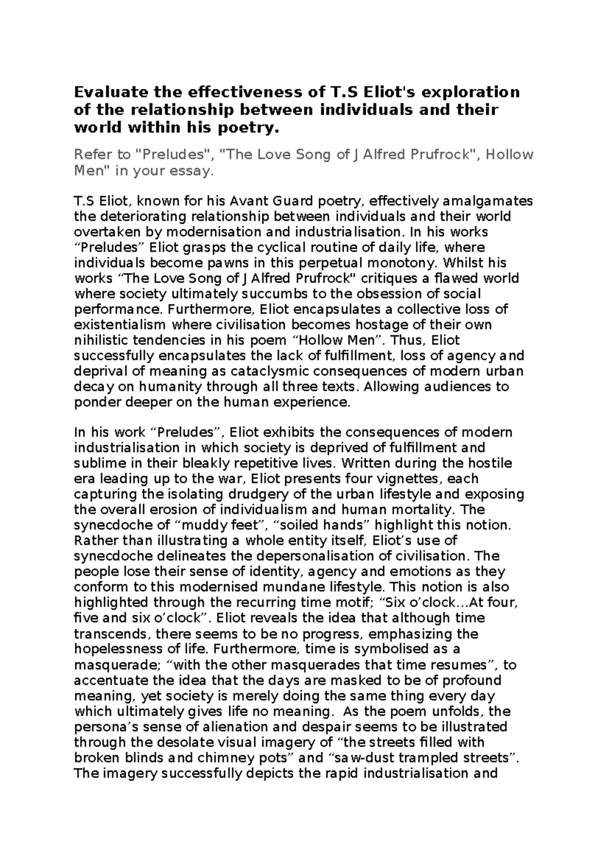 TS Eliot - essay - Evaluate the effectiveness of T Eliot's exploration ...