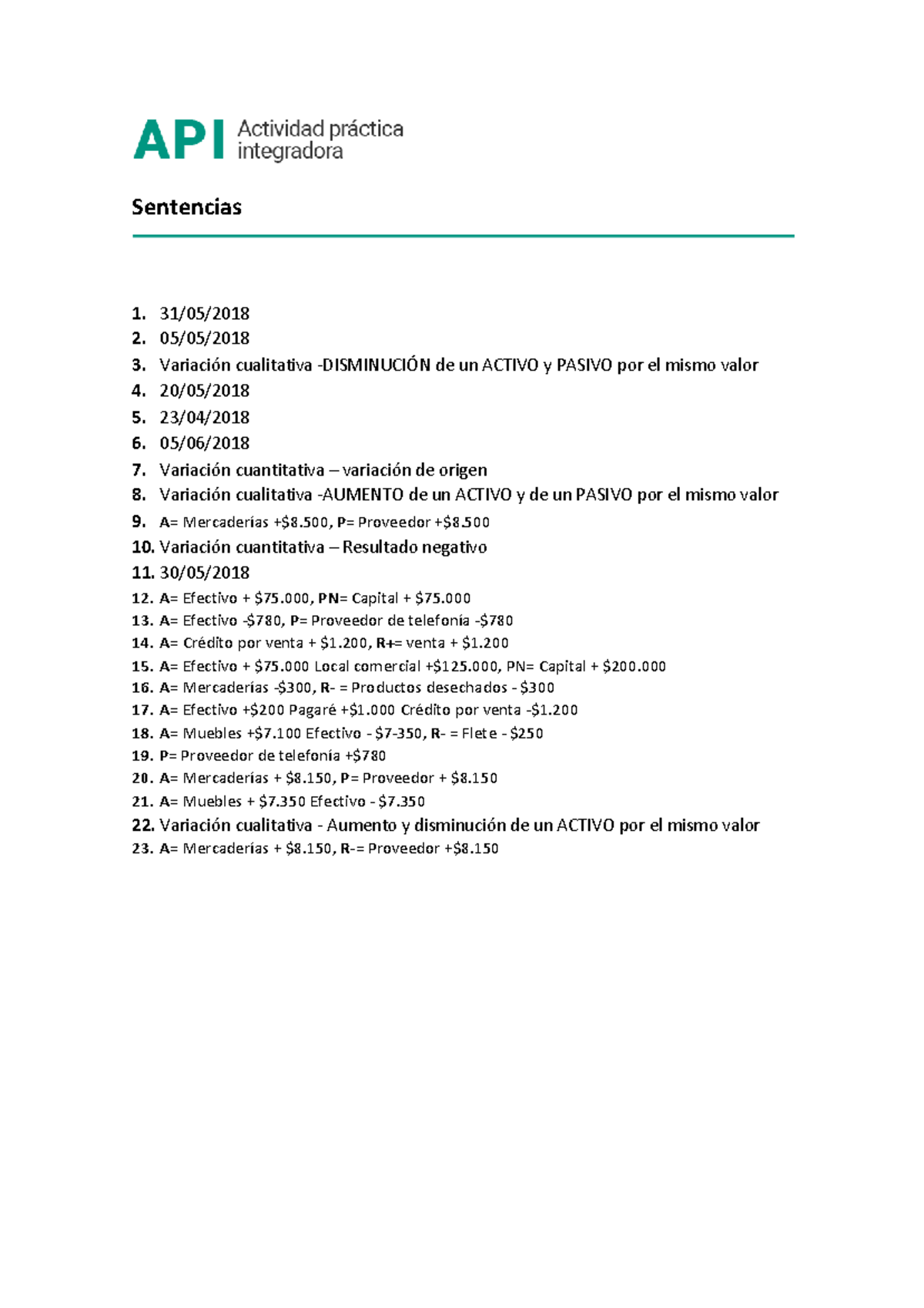 API2- Sentencias modulo 2 completo api 2 - Sentencias 1. 31/05/ 2. 05/05/ 3. Variación ...