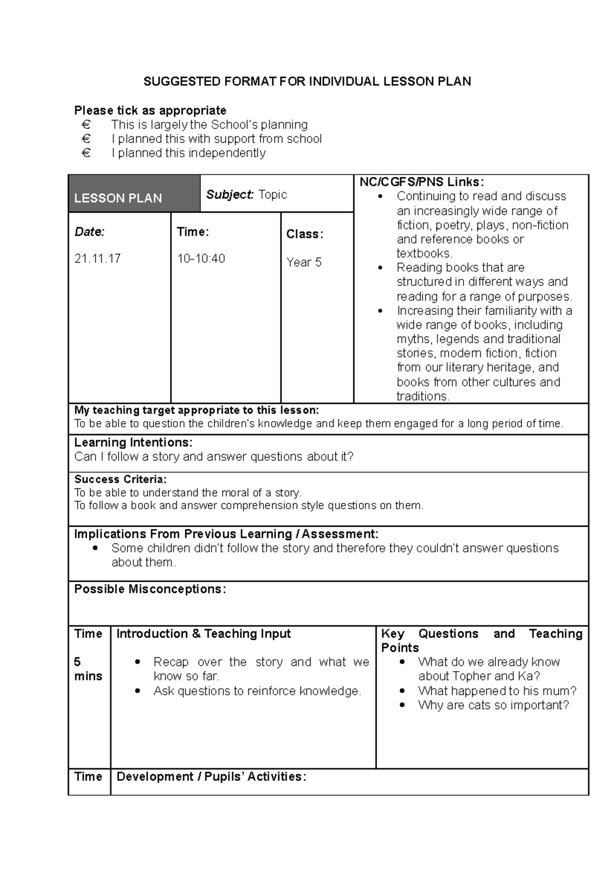 Chapter 11 egyptions - lesson plan - SUGGESTED FORMAT FOR INDIVIDUAL ...