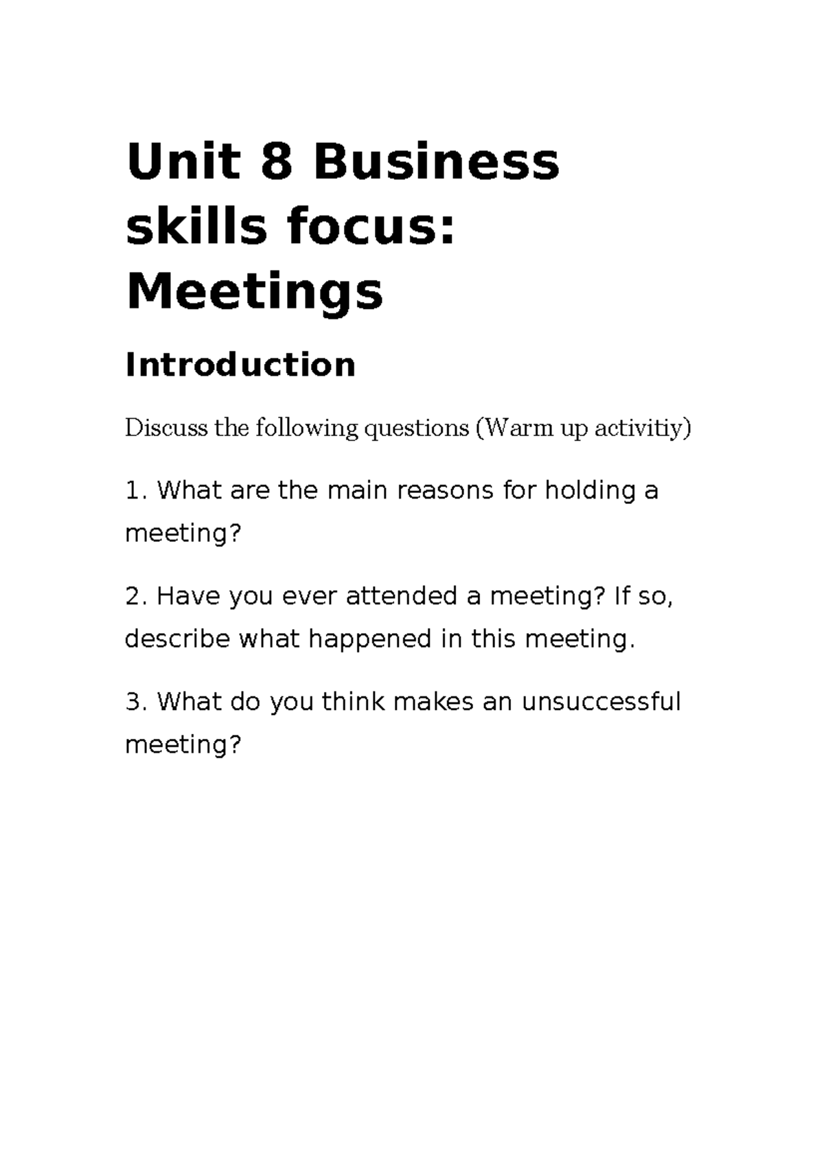 CALL Presentation work - Unit 8 Business skills focus: Meetings ...