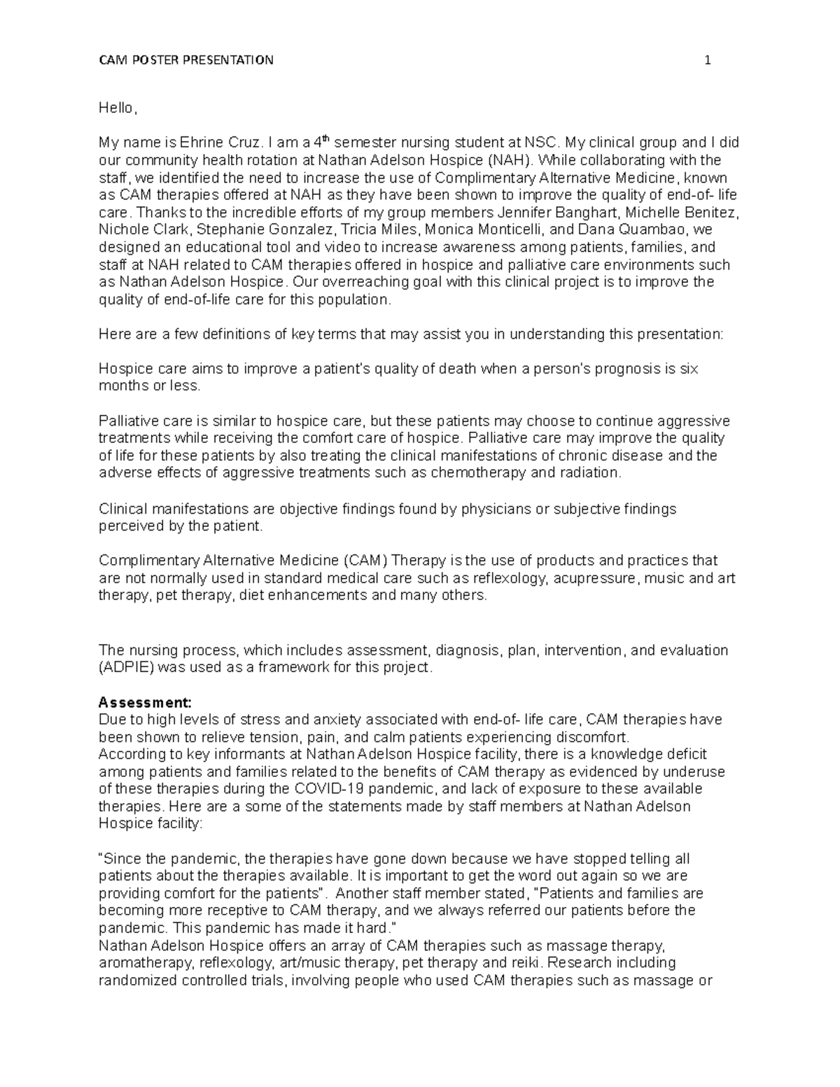 Lecture notes for random notes - CAM POSTER PRESENTATION 1 Hello, My ...