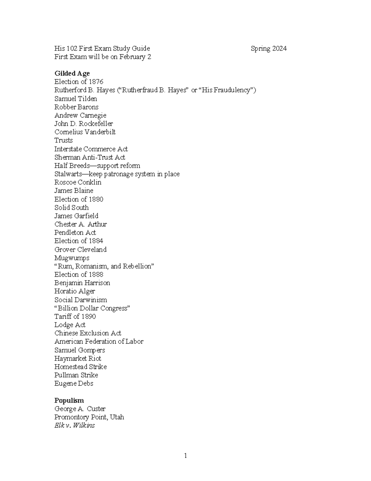 First Exam Study Guide - Hayes (“Rutherfraud B. Hayes” or “His ...