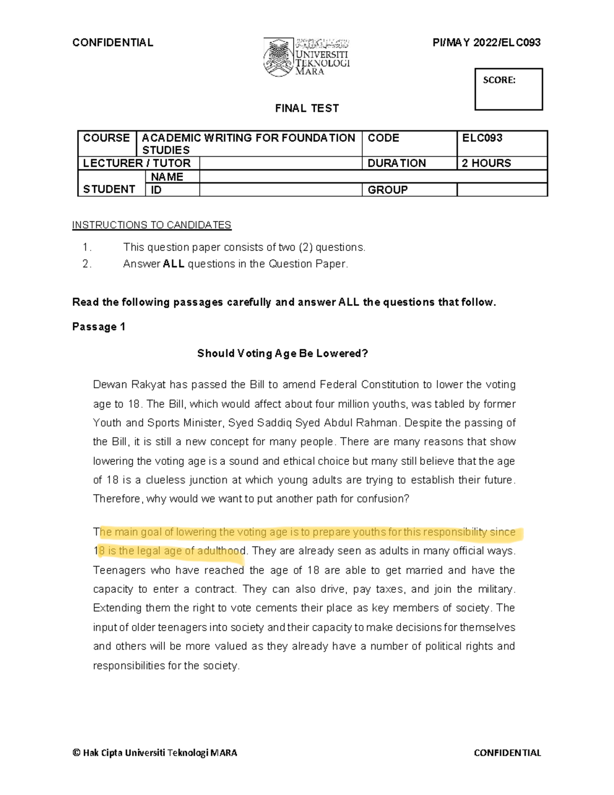 ELC093 Final TEST MAY 2022 Question Paper - FINAL TEST COURSE ACADEMIC ...