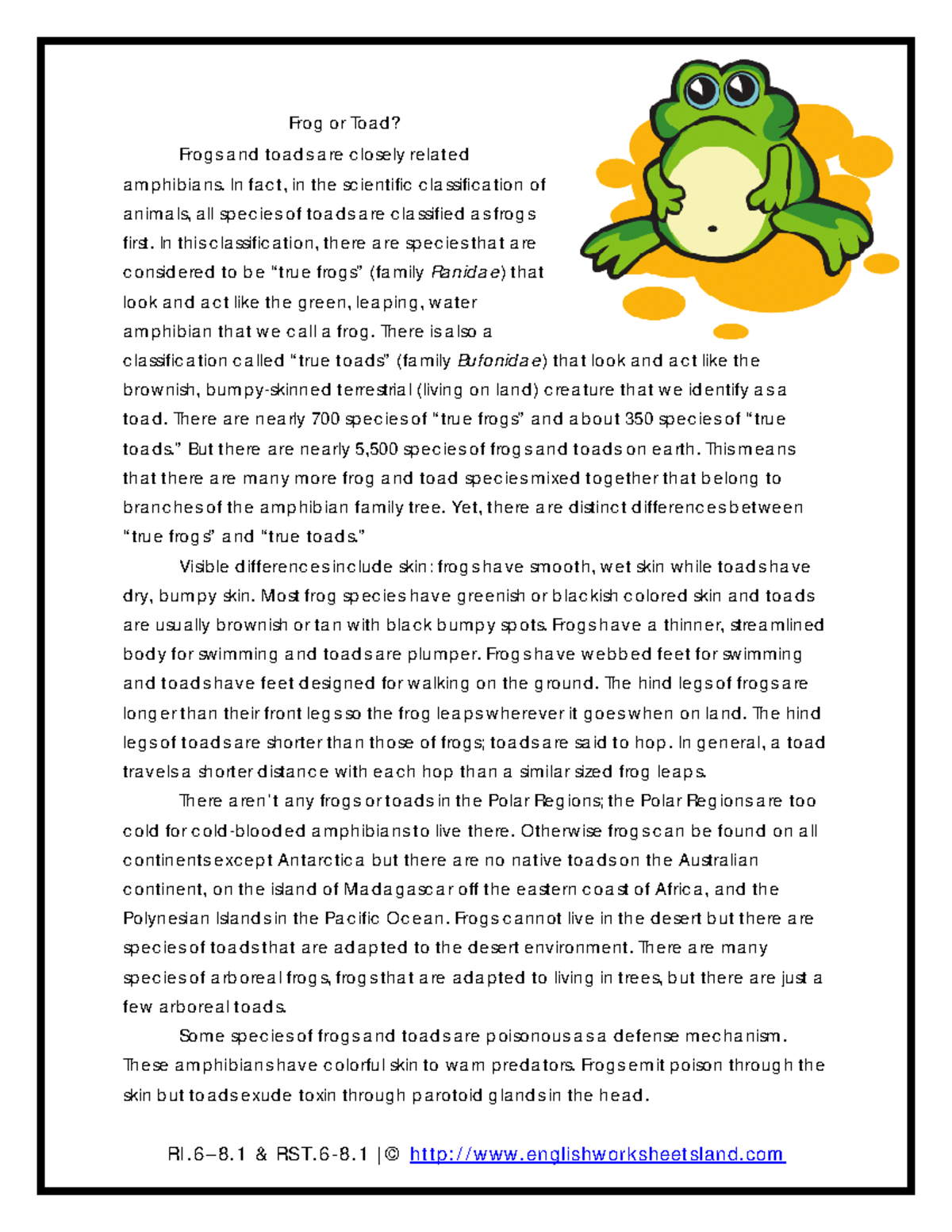 Frogortoad-read - RI–8 & RST.6-8 |© englishworksheetsland Frog or Toad ...