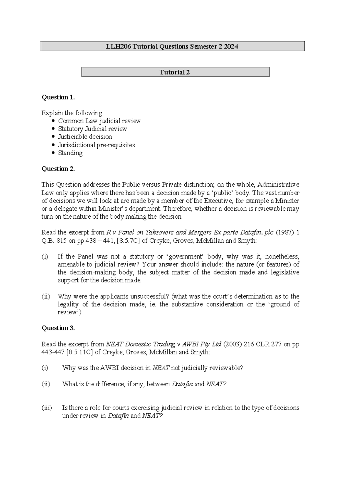 LLH206 Tutorial 2 0224 Student Questions - LLH206 Tutorial Questions Semester 2 2024 Tutorial 2 ...