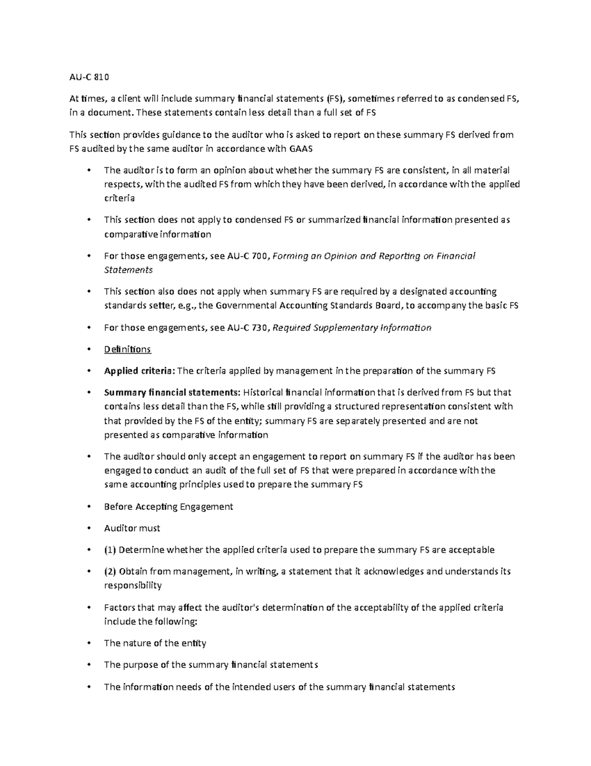 TEST4 - Notes - AU-C 810 At times, a client will include summary ...