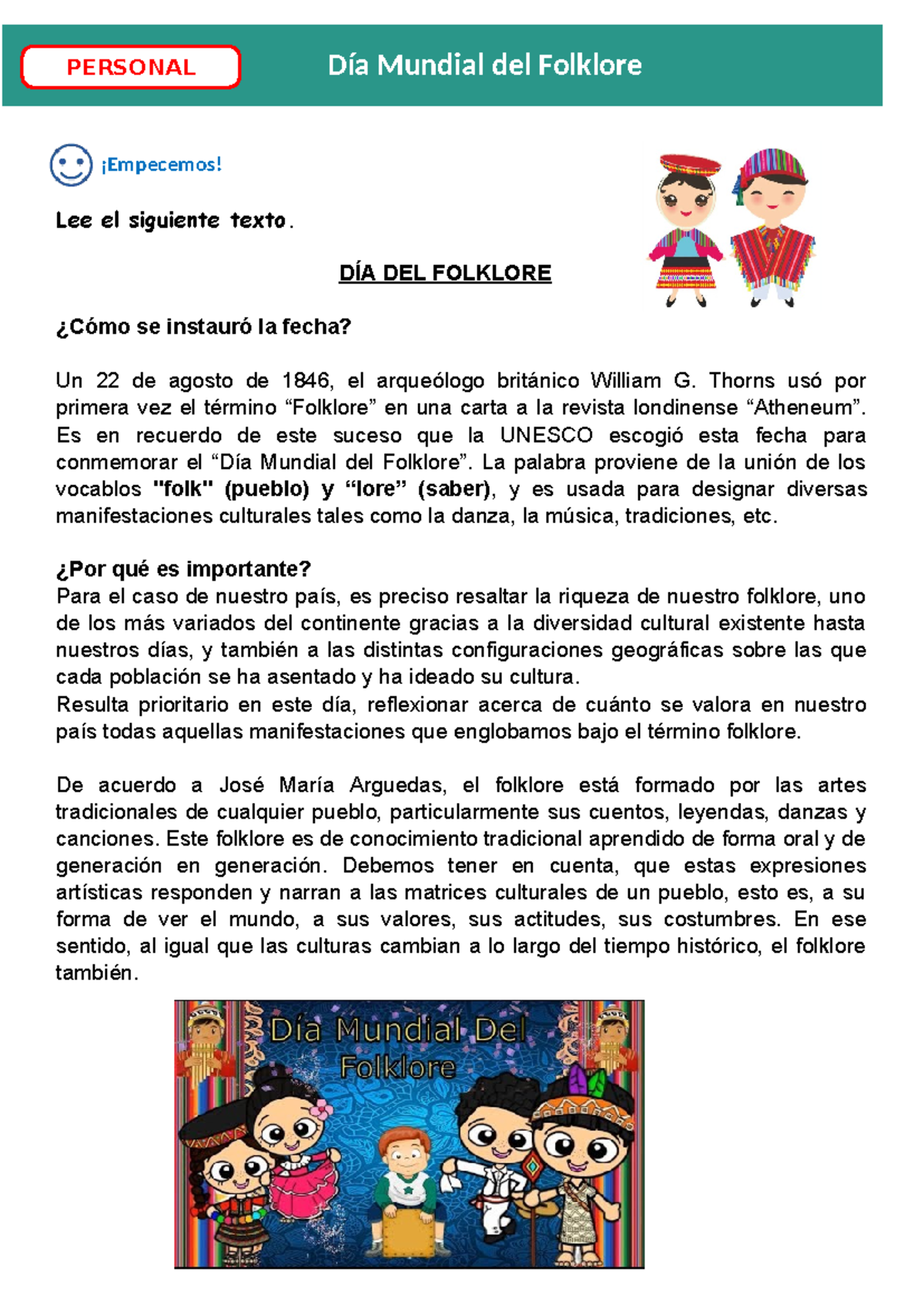 D3 A3 Ficha PS. Día Mundial del Folklore - ¡Empecemos! Lee el siguiente texto. DÍA DEL FOLKLORE ...