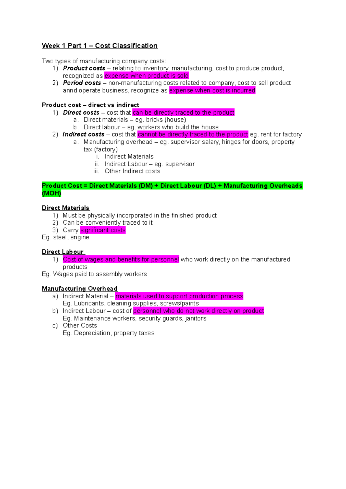 Week 1 Cost Classification And Cost Behavior Notes Week 1 Part 1 Cost Classification Two