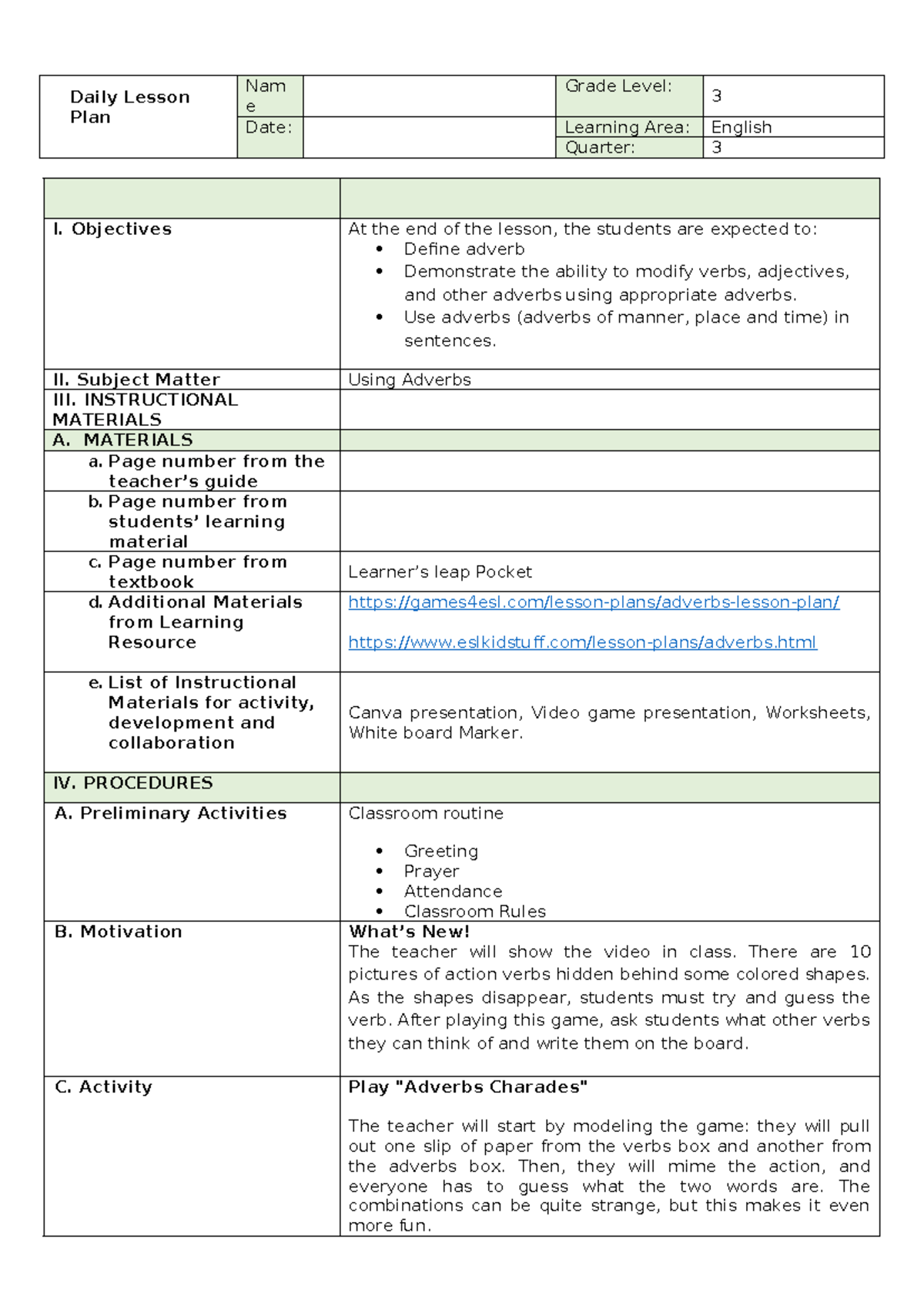 Adverb lesson plan - Daily Lesson Plan Nam e Grade Level: 3 Date ...