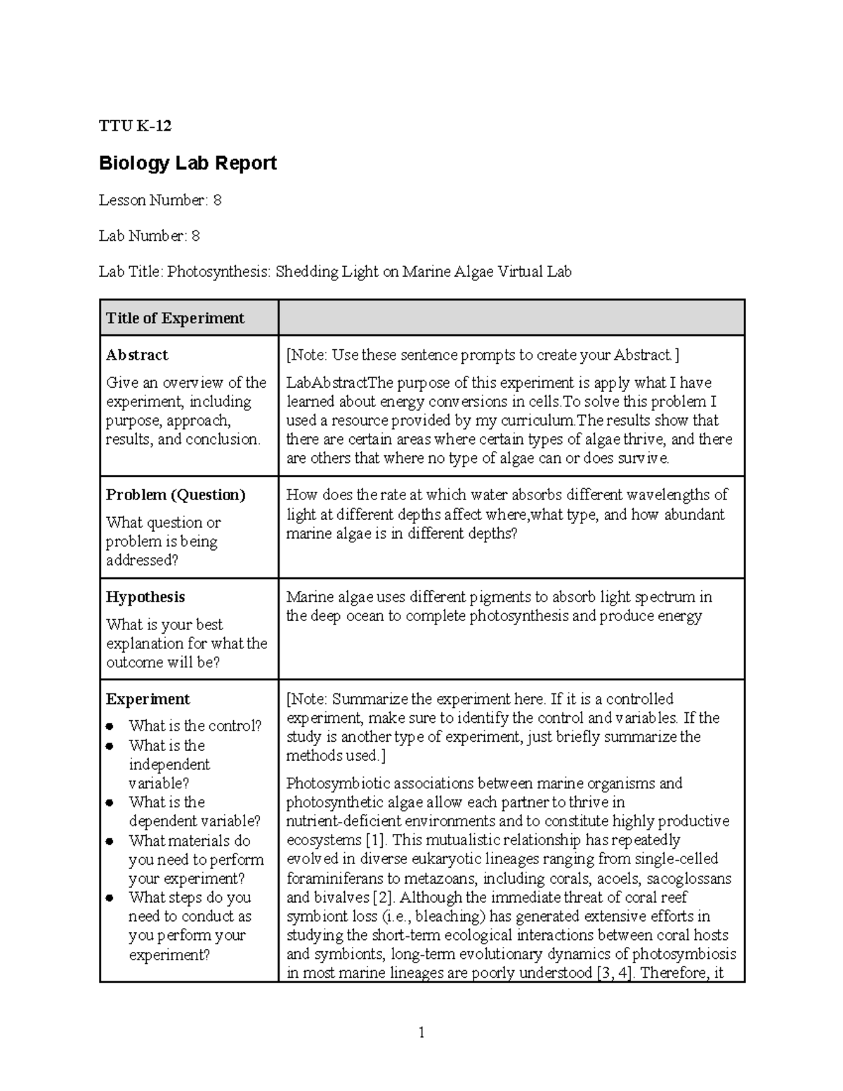 Lesson 8 lab - yea - TTU K- Biology Lab Report Lesson Number: 8 Lab ...