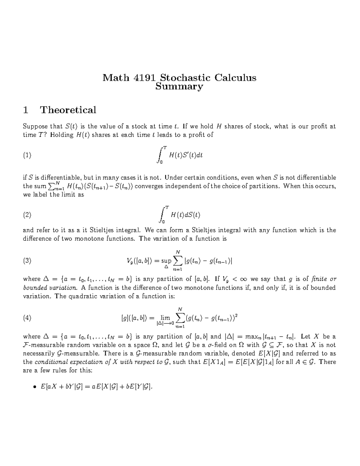 Summary math 4191 - Stochastic Calculus - Math 4191 Stochastic Calculus ...