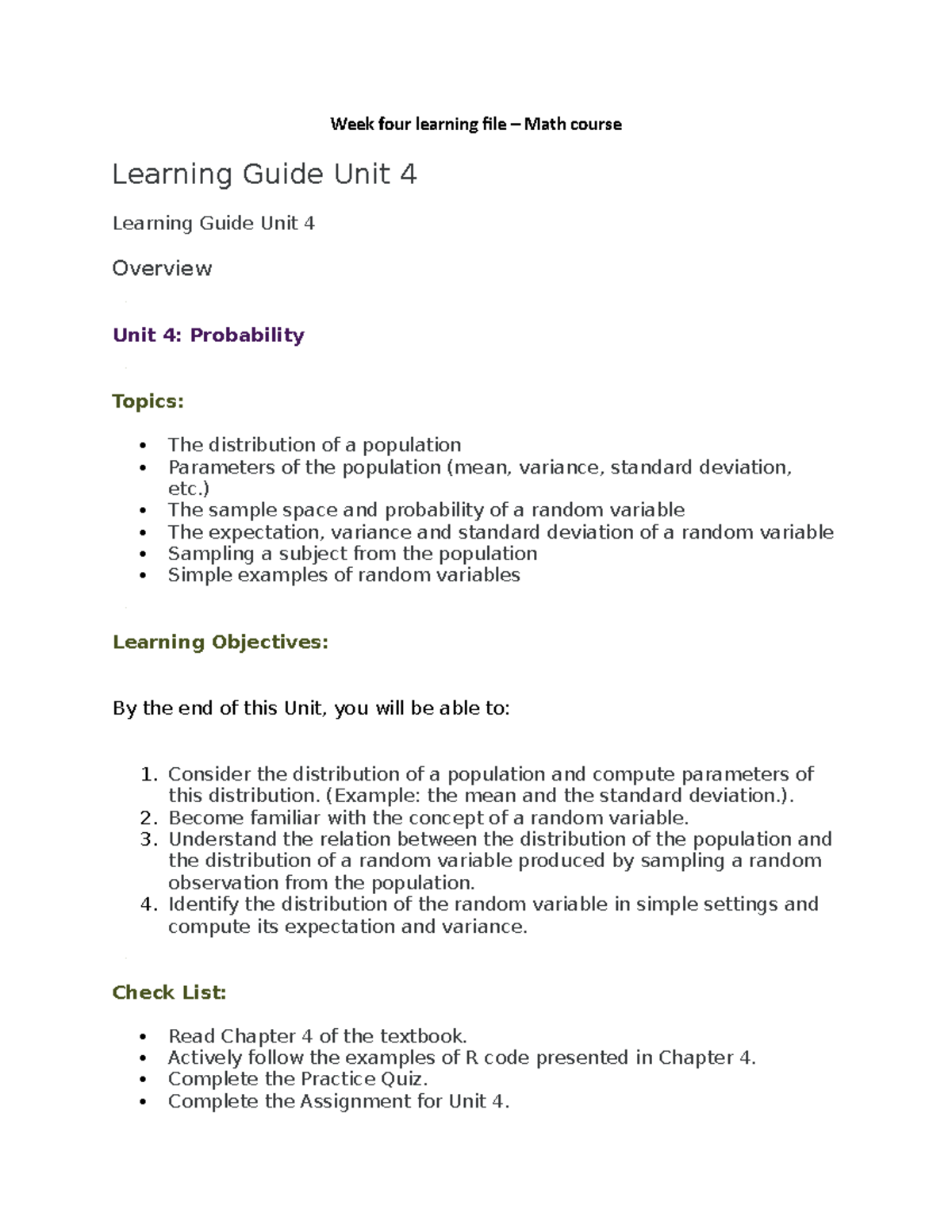 Week four learning file – Math course - ) The sample space and ...