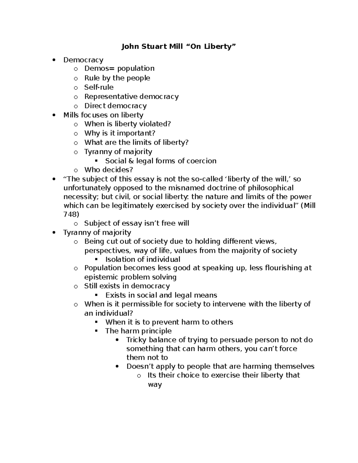 PH155 John Stuart Mill Notes - John Stuart Mill “On Liberty” Democracy ...