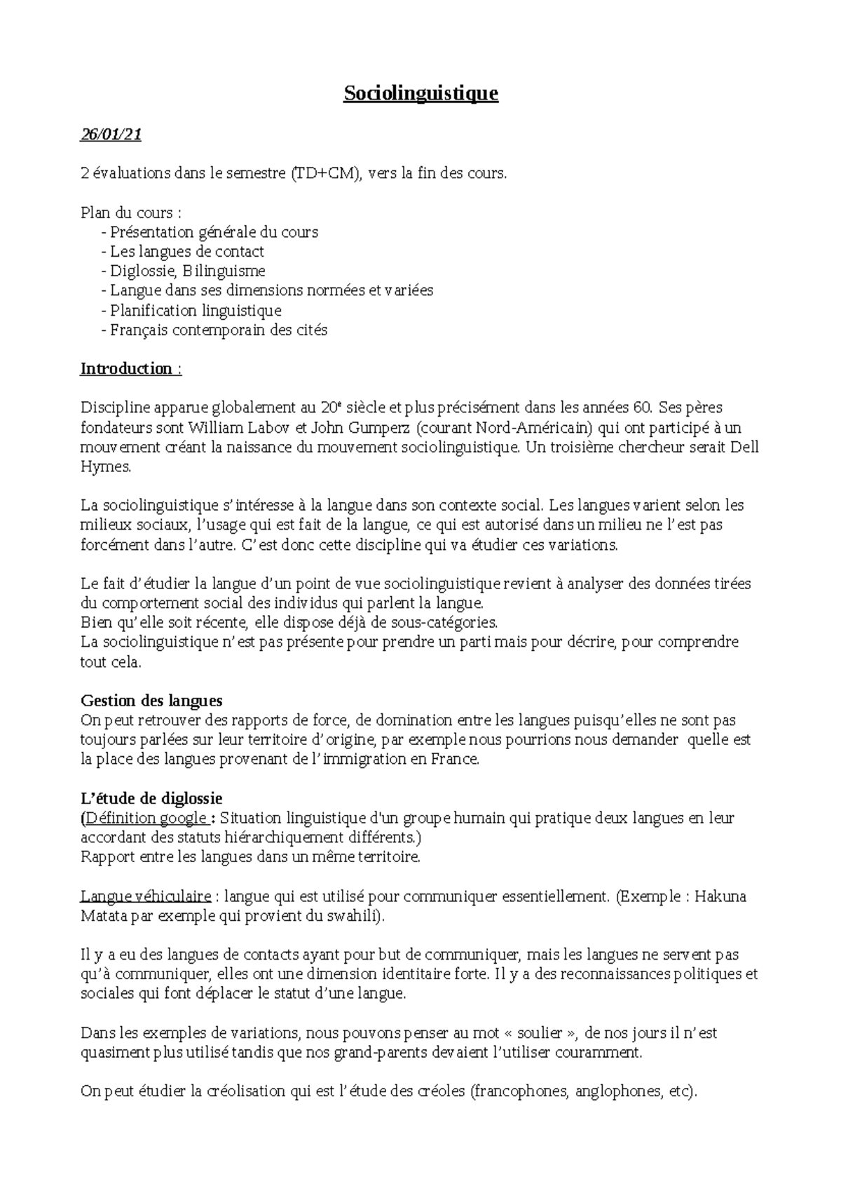 Sociolinguistique Cours Magistral - Sociolinguistique 26/01/ 2 ...