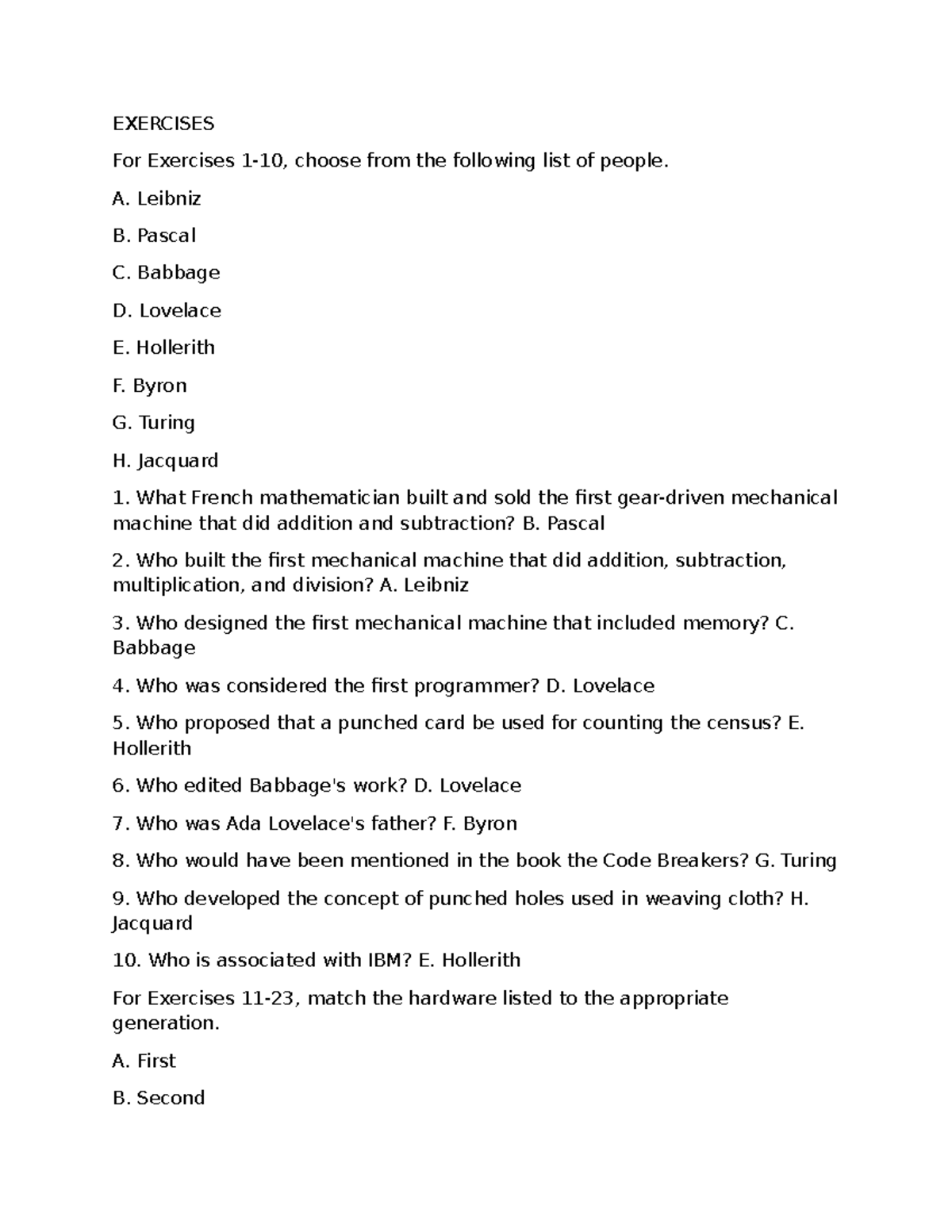 Chapter 1 quiz study guide - EXERCISES For Exercises 1-10, choose from ...