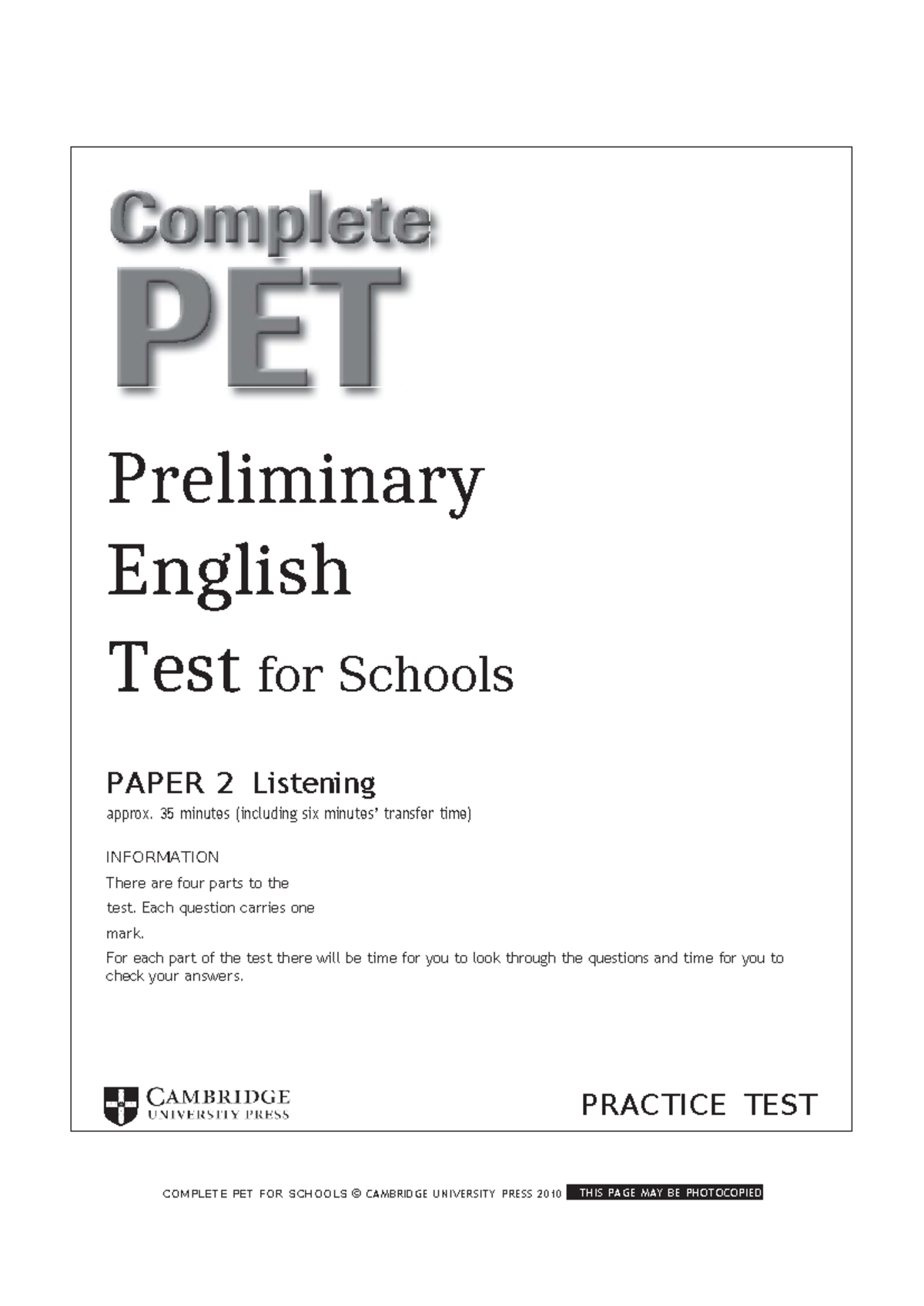 Lcc exercise - Preliminary English Test for Schools PAPER 2 Listening ...
