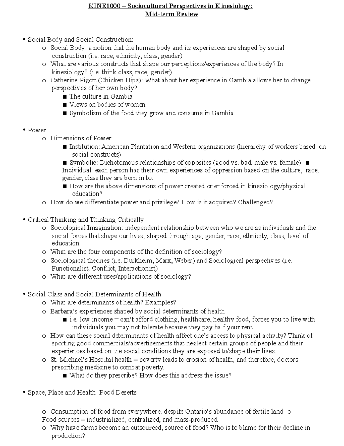 KIN 1000 Midterm Notes - 3e3e3e - KINE1000 – Sociocultural Perspectives ...