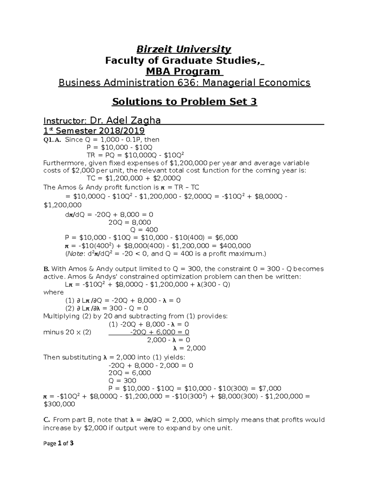 Solution to HWA #3 - Birzeit University Faculty of Graduate Studies, MBA Program Business - Studocu