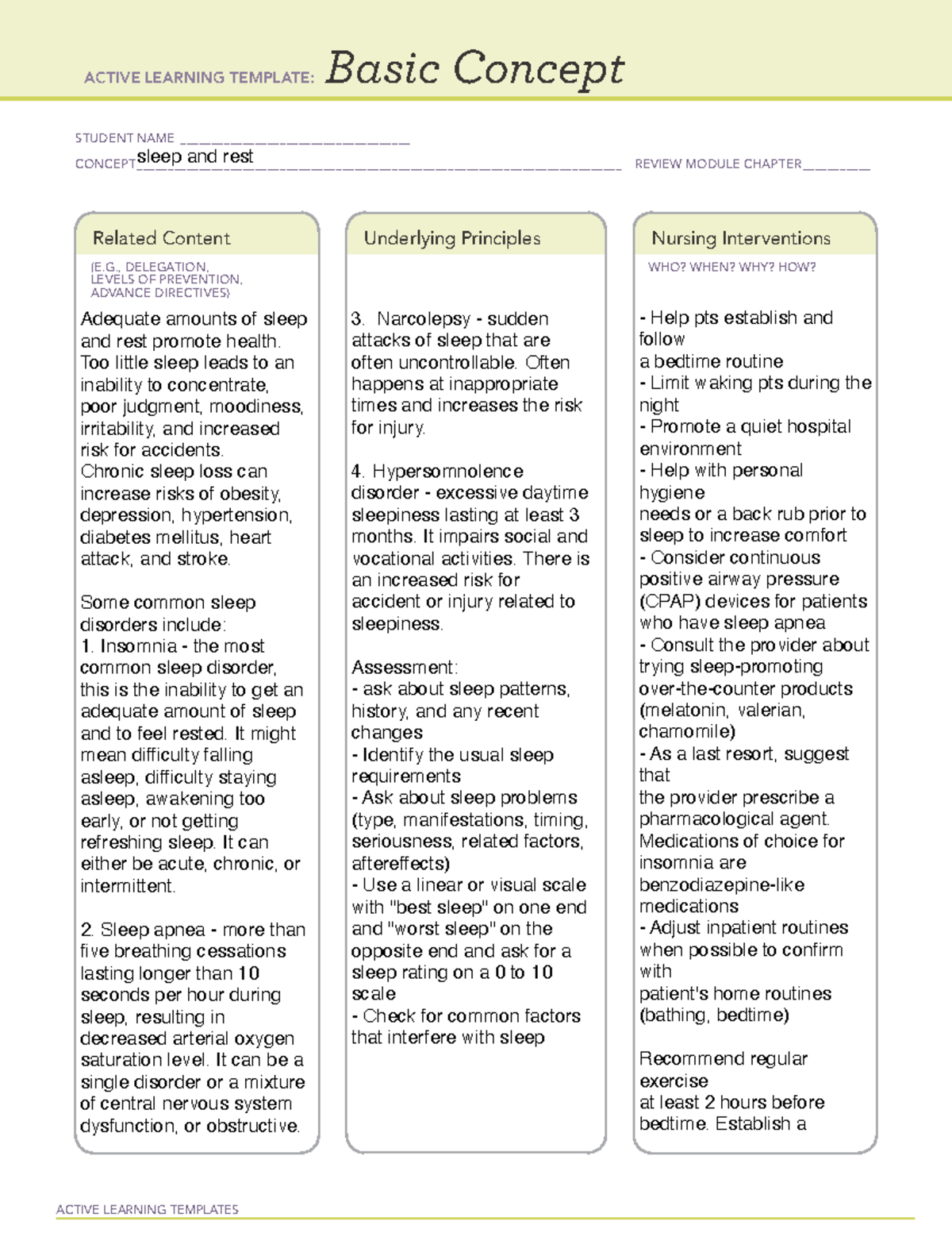 Chapter 38 Rest and Sleep - NUR1211 - ACTIVE LEARNING TEMPLATES Basic ...