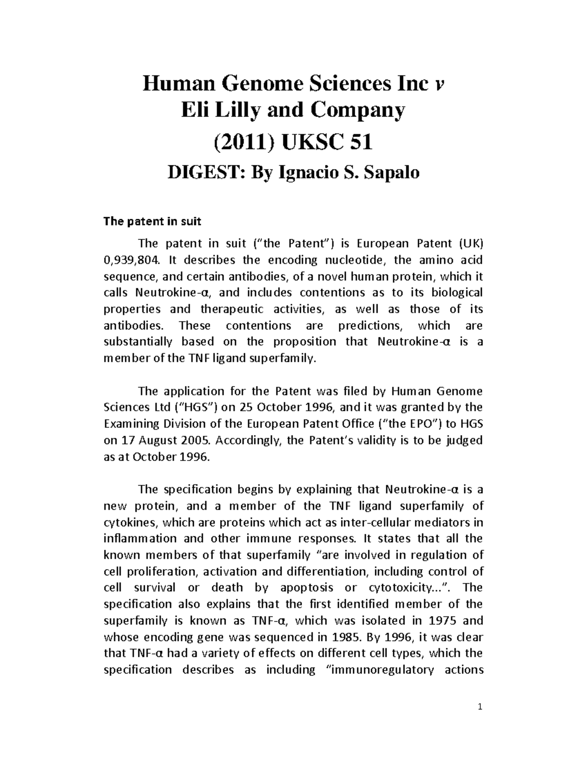Digest HGS-v-Eli-Lilly - Human Genome Sciences Inc v Eli Lilly and ...