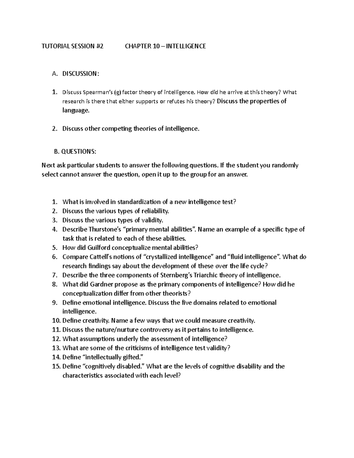 Psych 1003- Tutorial Session 2 (2021/2022) - TUTORIAL SESSION #2 CHAPTER 10 – INTELLIGENCE A ...
