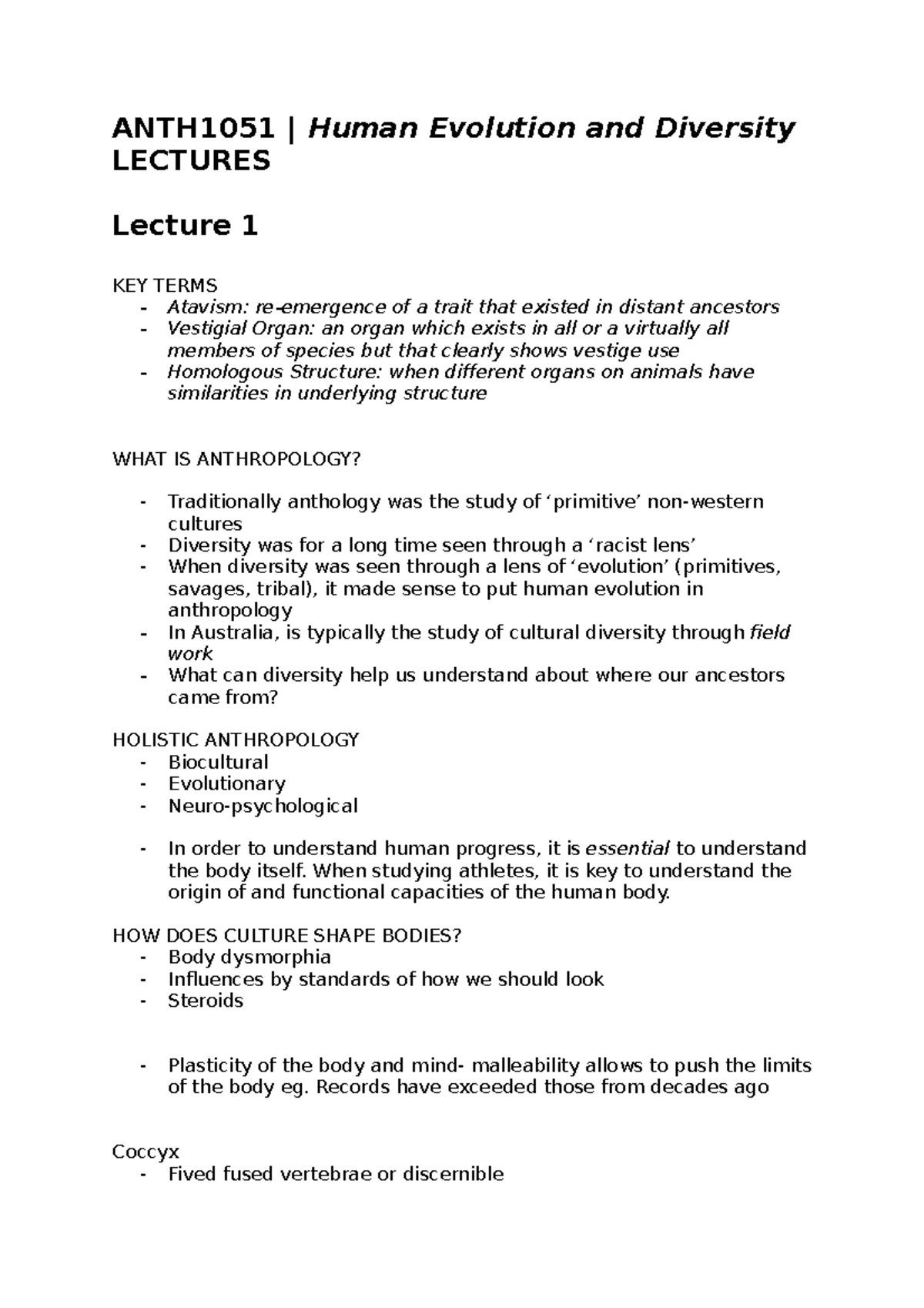 ANTH1051 Lectures - Lecture notes all - ANTH1051 | Human Evolution and ...