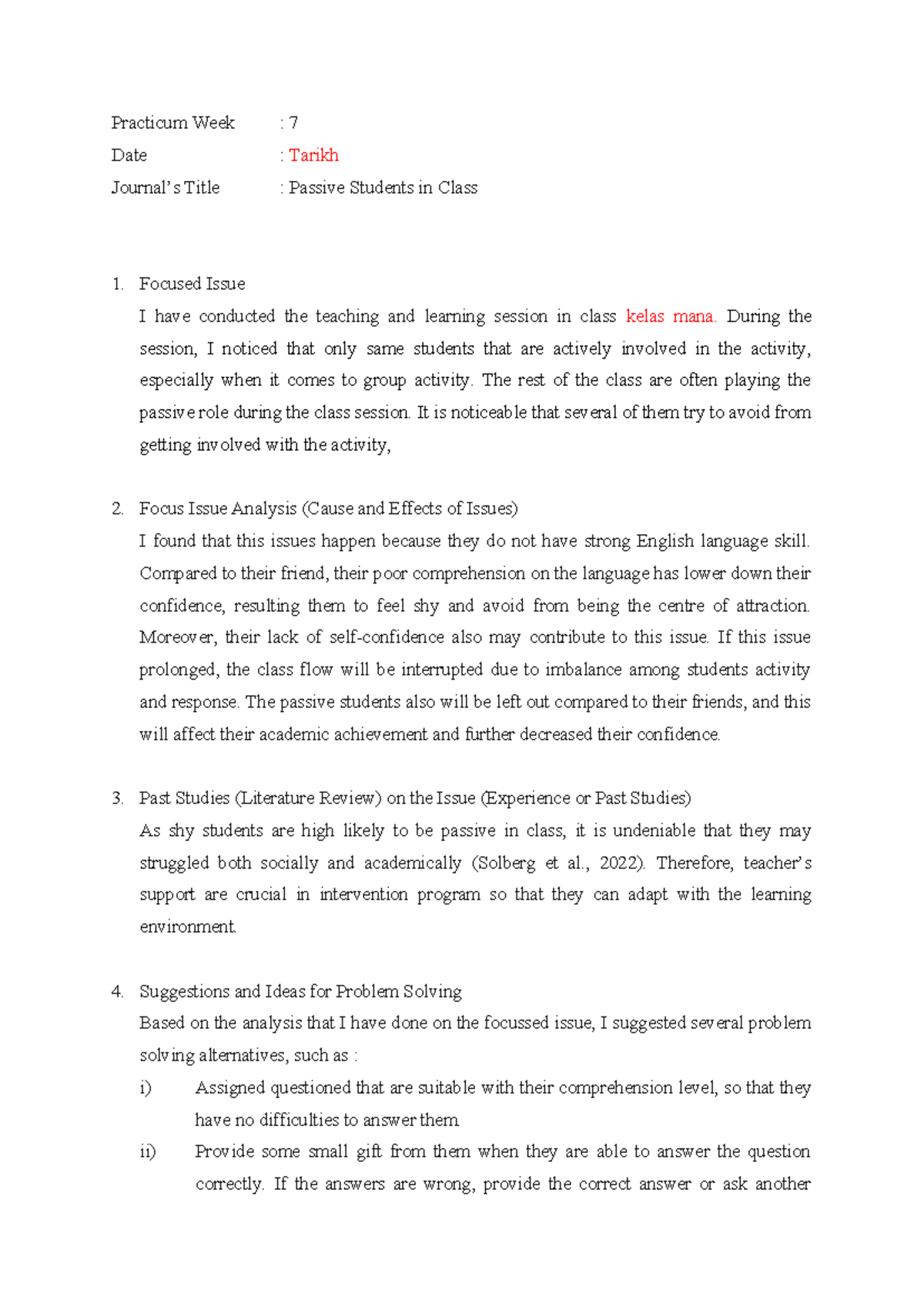 Sample Reflective Journal - Practicum Week : 7 Date : Tarikh Journal’s ...