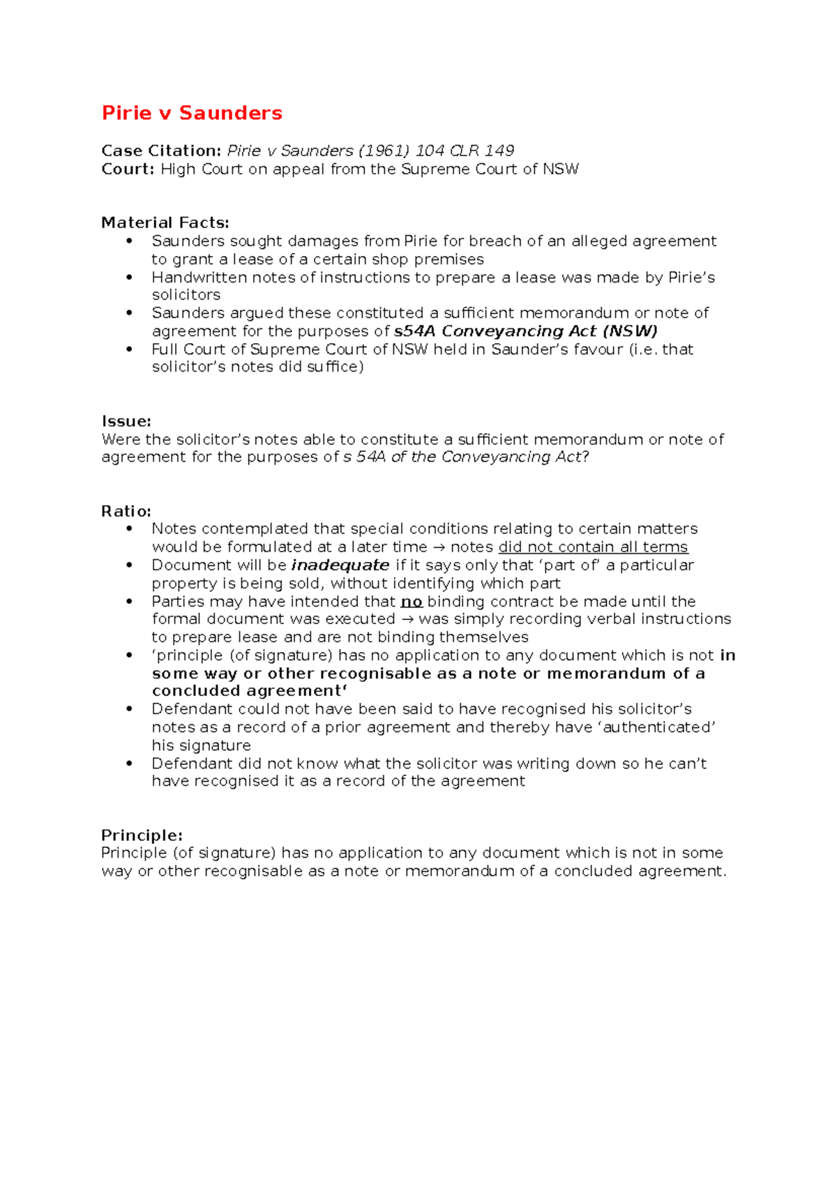 Pirie v Saunders Case Summary - Pirie v Saunders Case Citation: Pirie v ...