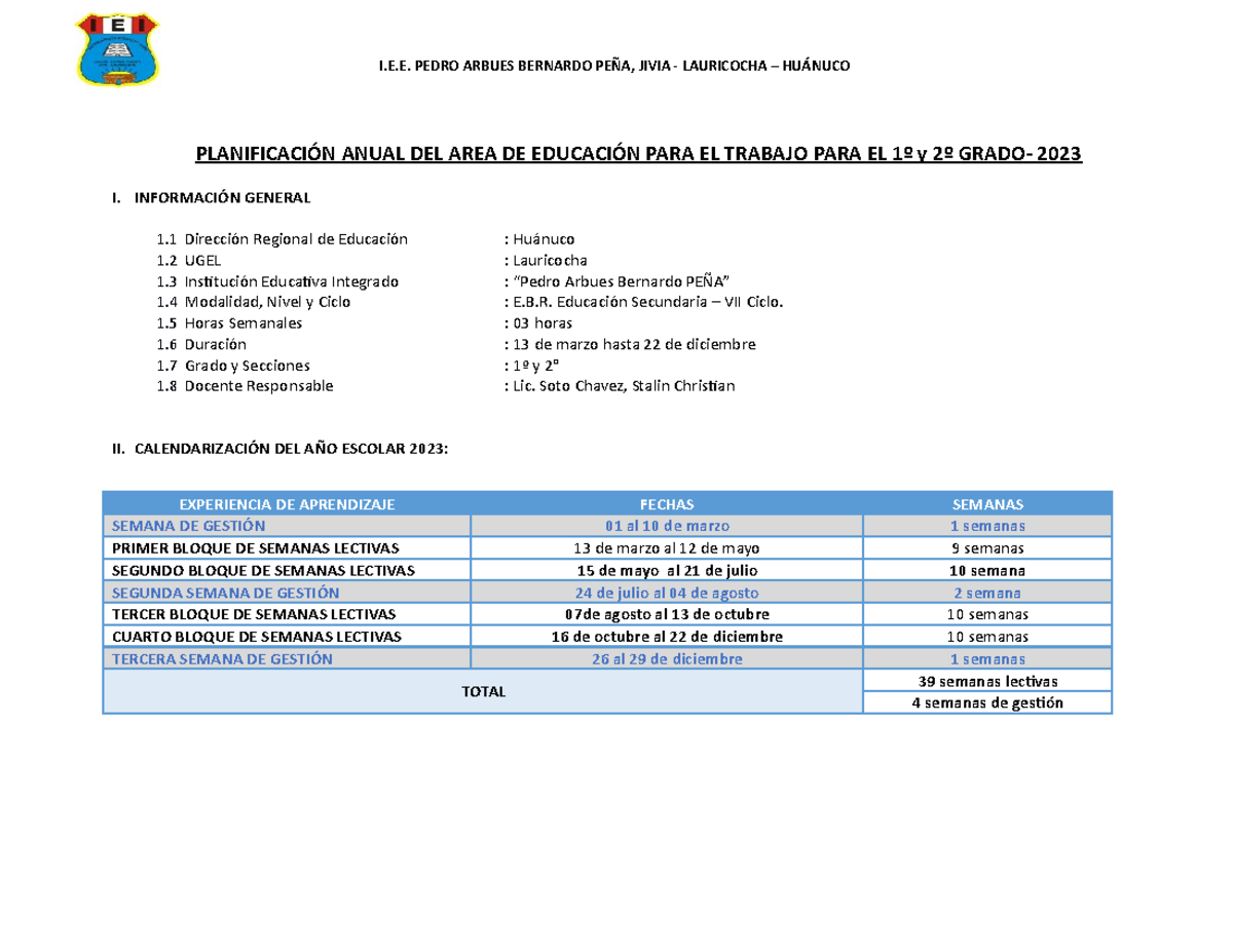 Planificación Anual EPT 1º y 2º Secundaria - PLANIFICACIÓN ANUAL DEL AREA DE EDUCACIÓN PARA EL ...