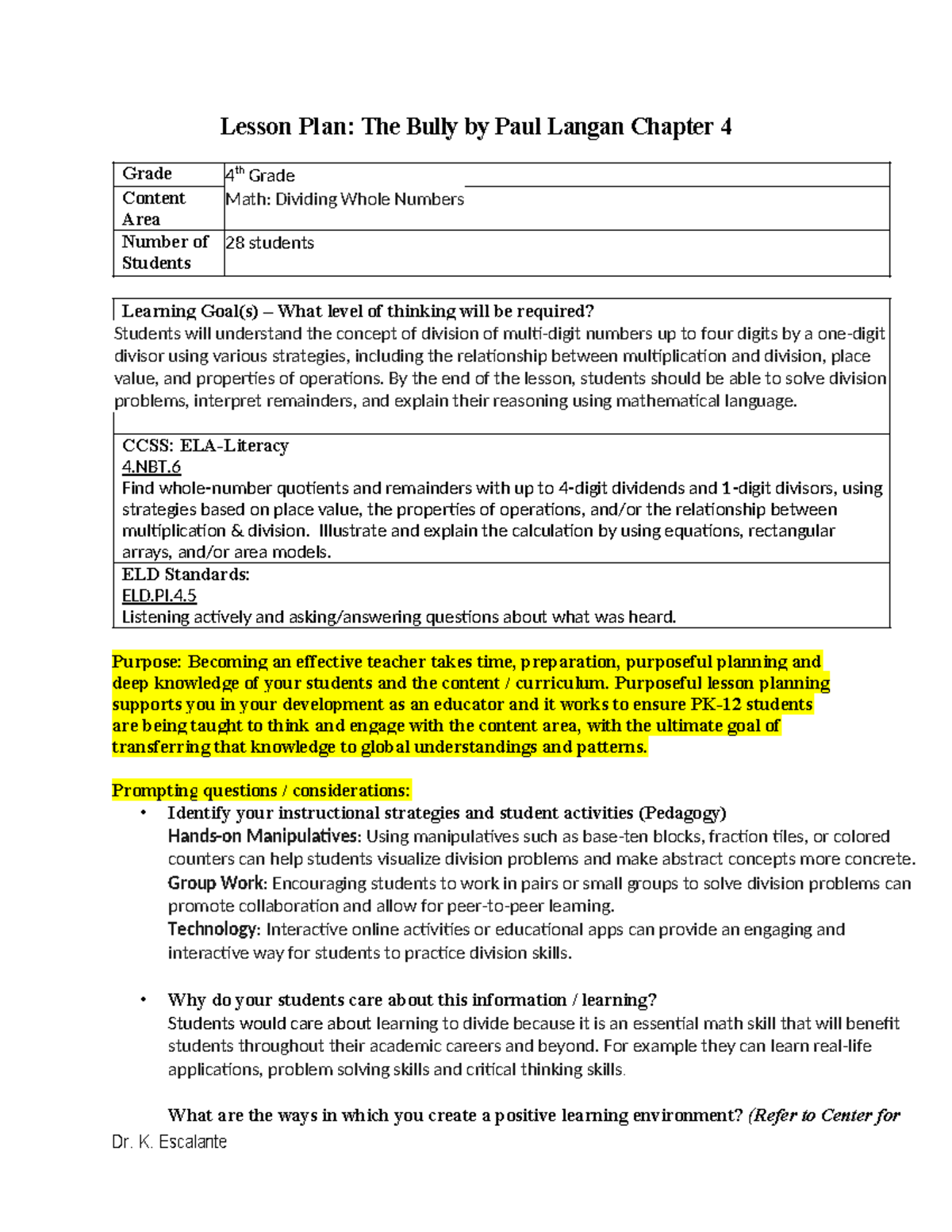 Lesson Plan Ch 4-The Bully reading - Lesson Plan: The Bully by Paul ...