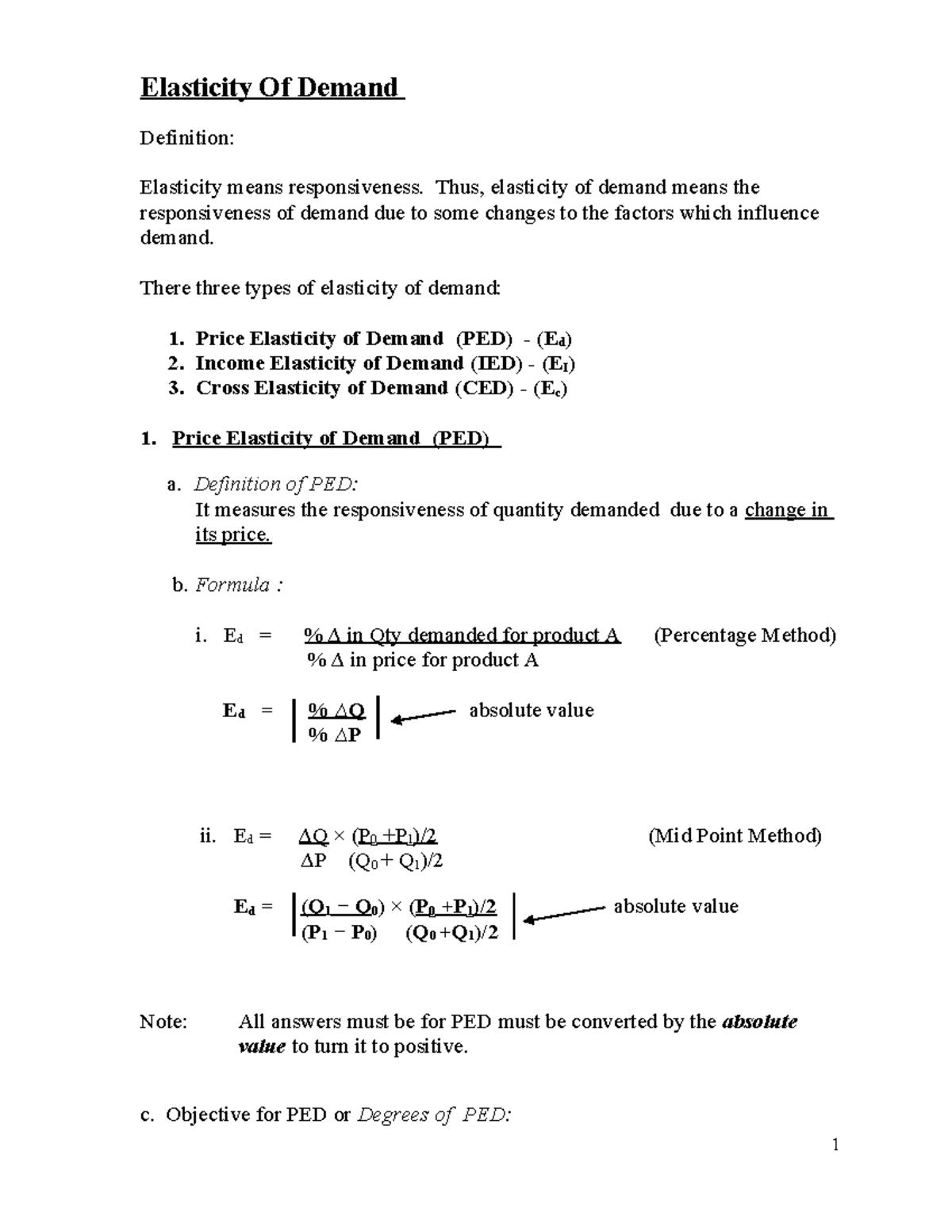 Elasticity of Demand Notes Mid Point - ECO415 - Elasticity Of Demand ...
