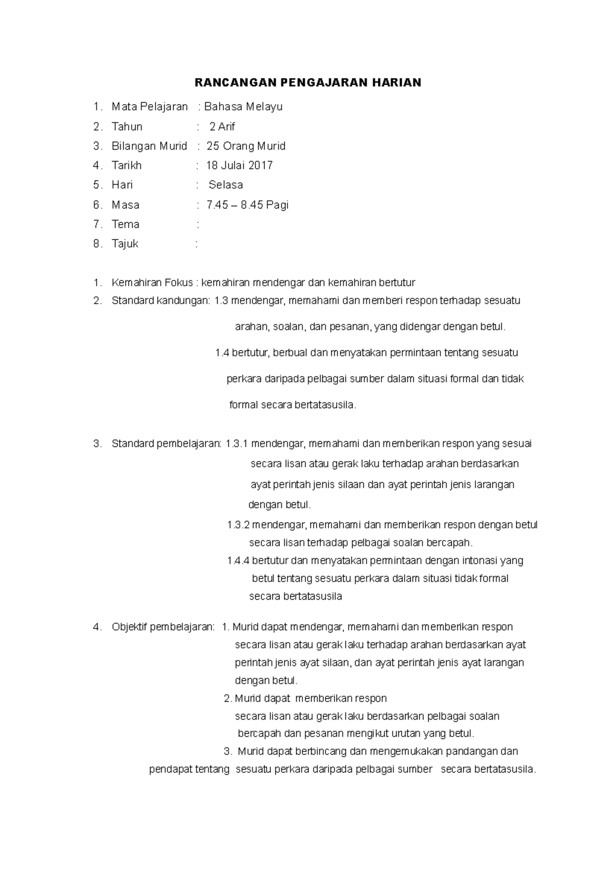 RPH Ujian Bertutur dan Mendengar - RANCANGAN PENGAJARAN HARIAN 1. Mata ...