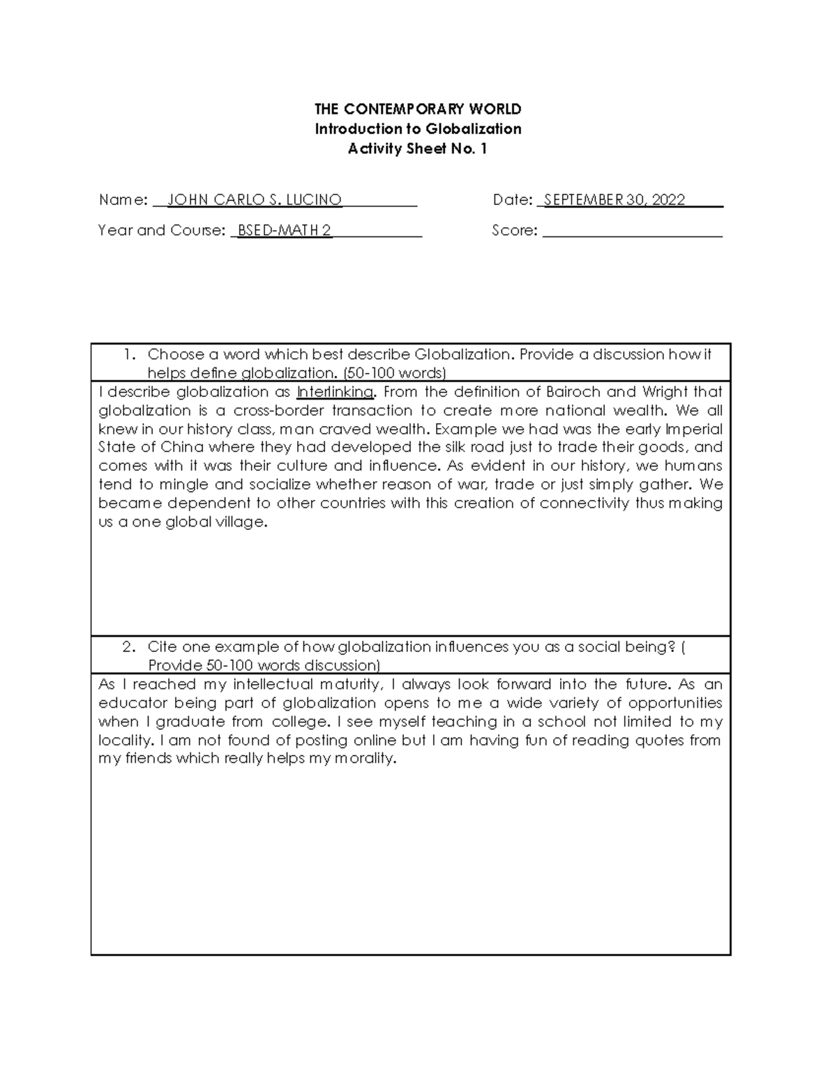 TCW Module 1 Lesson 1 Activity Sheet by Lucino - THE CONTEMPORARY WORLD ...