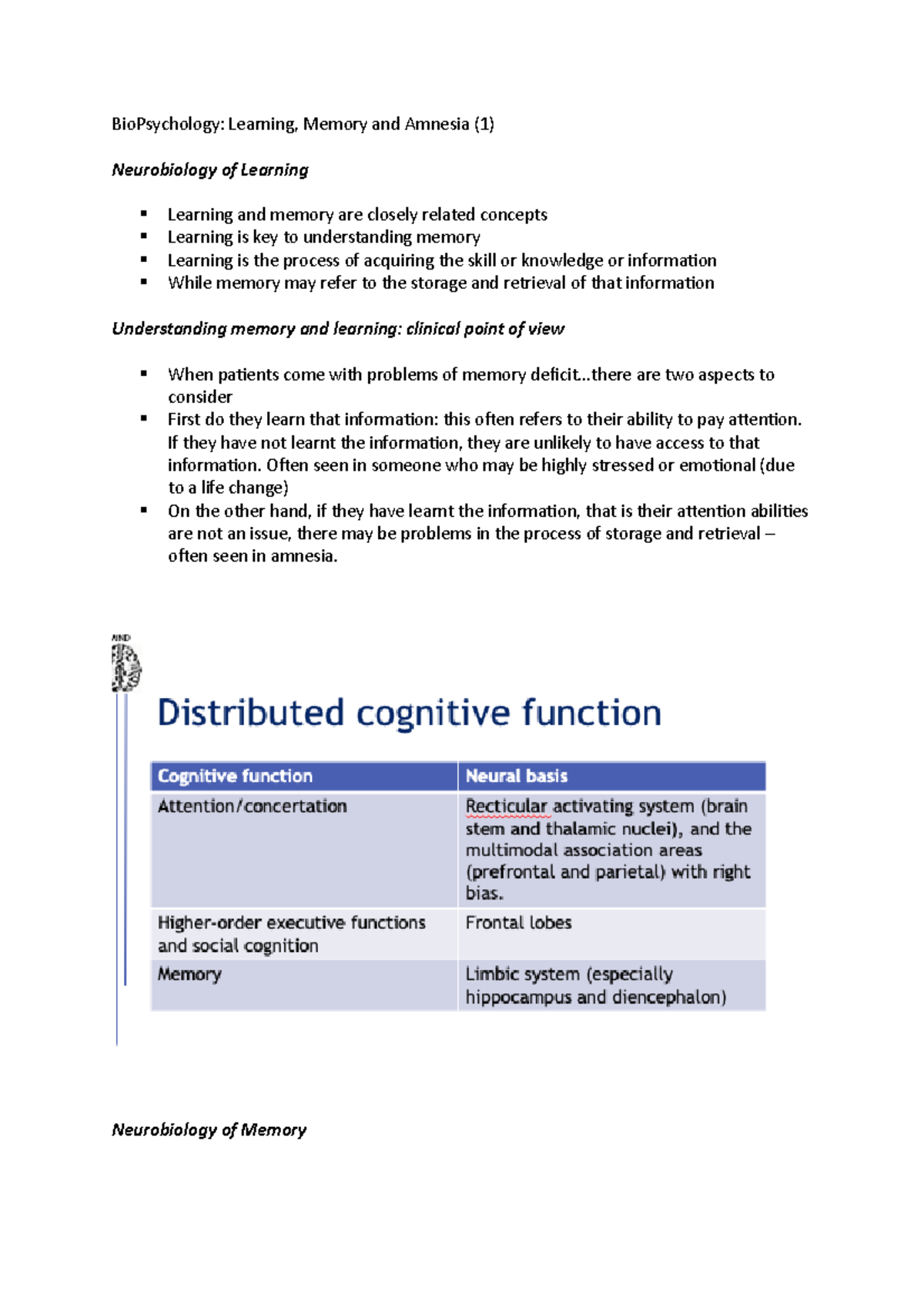 Memory Amnesia - BioPsychology: Learning, Memory and Amnesia (1 ...