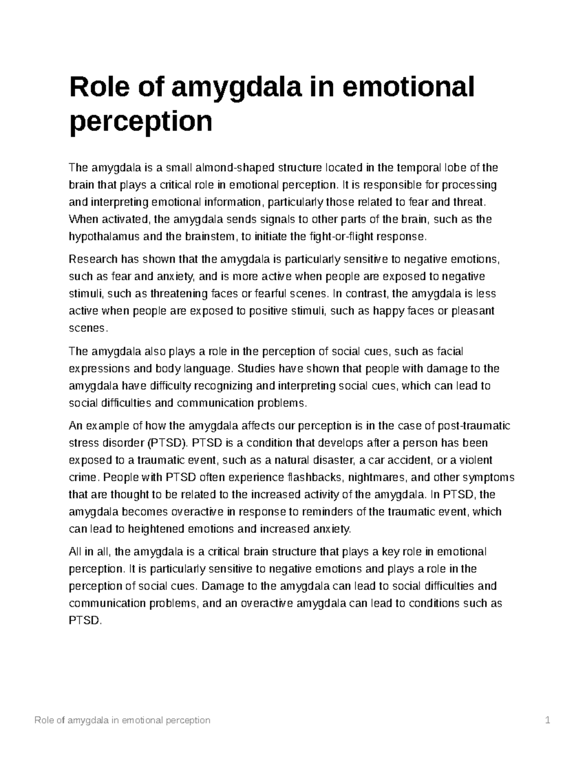 Role of amygdala in emotional perception - It is responsible for ...