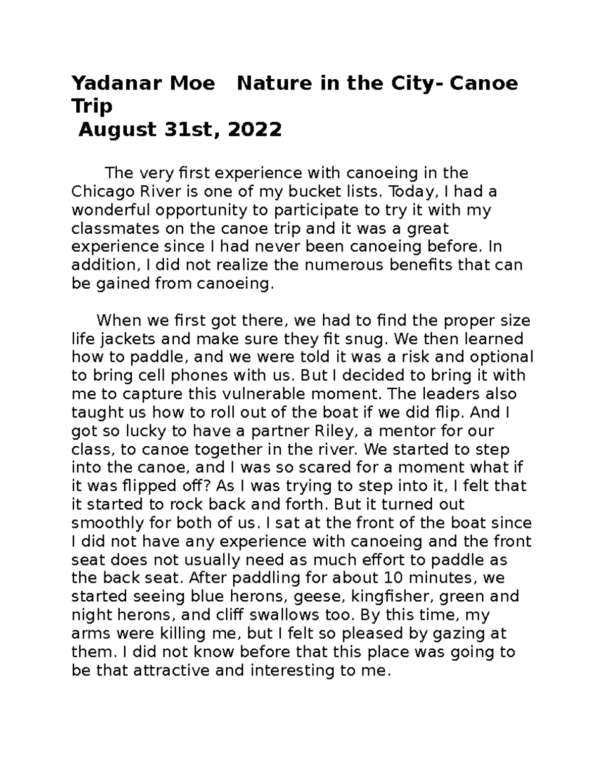 Canoe Trip Reflection Essay - Yadanar Moe Nature in the City- Canoe ...