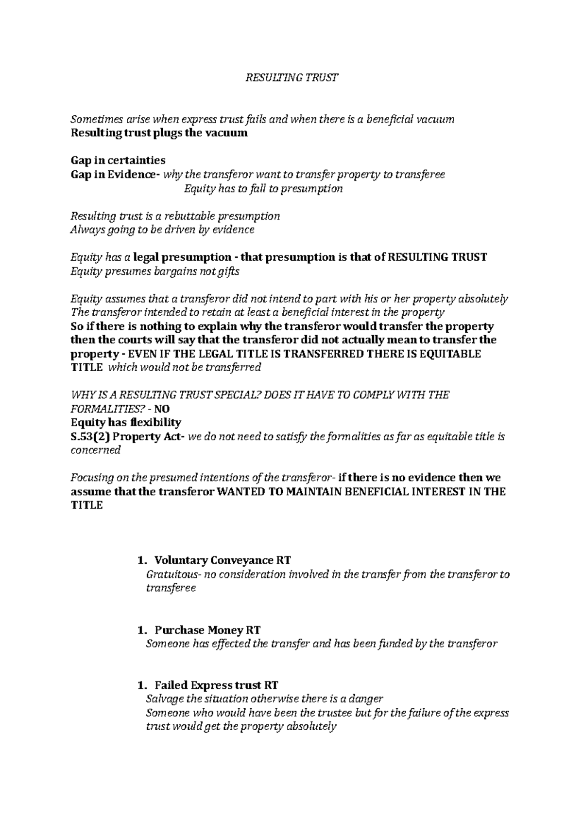 Resulting Trust - Lecture Notes - RESULTING TRUST Sometimes arise when ...