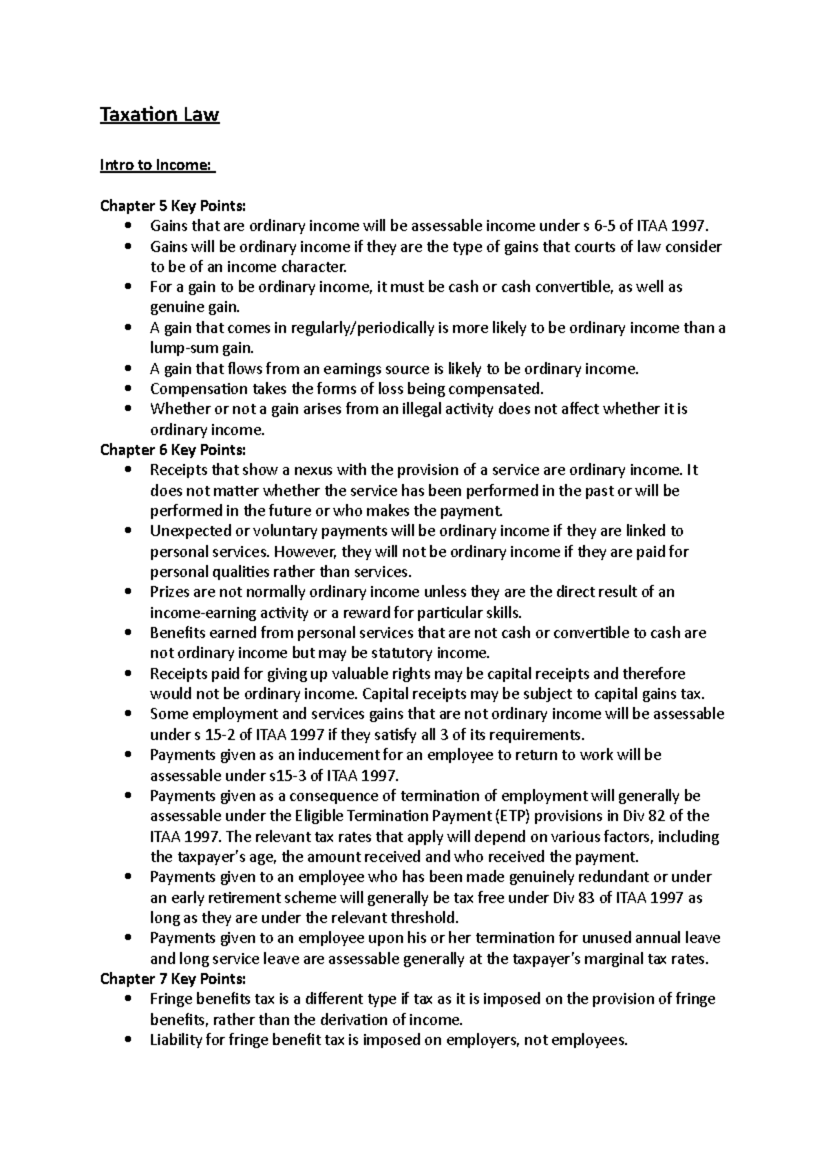Taxation Law 2 Key Point Summaries From The Semester Taxation Law
