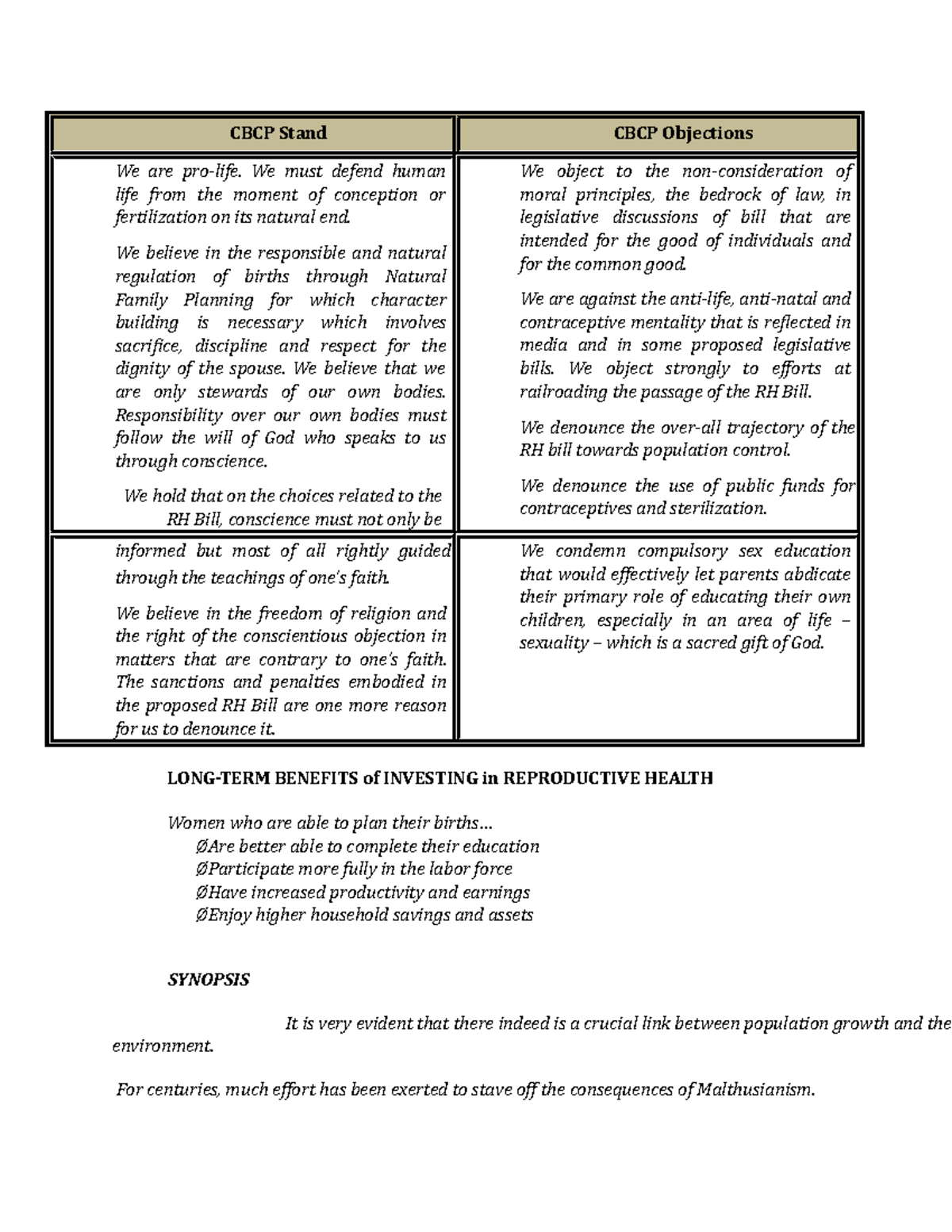 CBCP Stand and Objection - CBCP Stand CBCP Objections We are pro-life ...