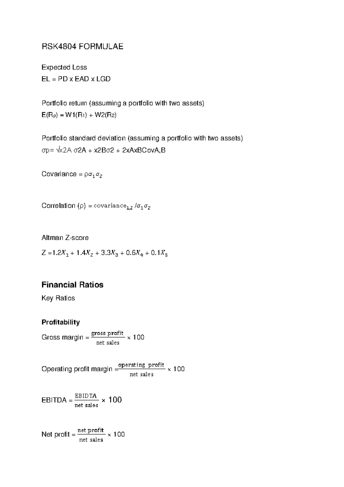 RSK4804 Formula 1 - RSK4804 FORMULAE Expected Loss EL = PD x EAD x LGD ...