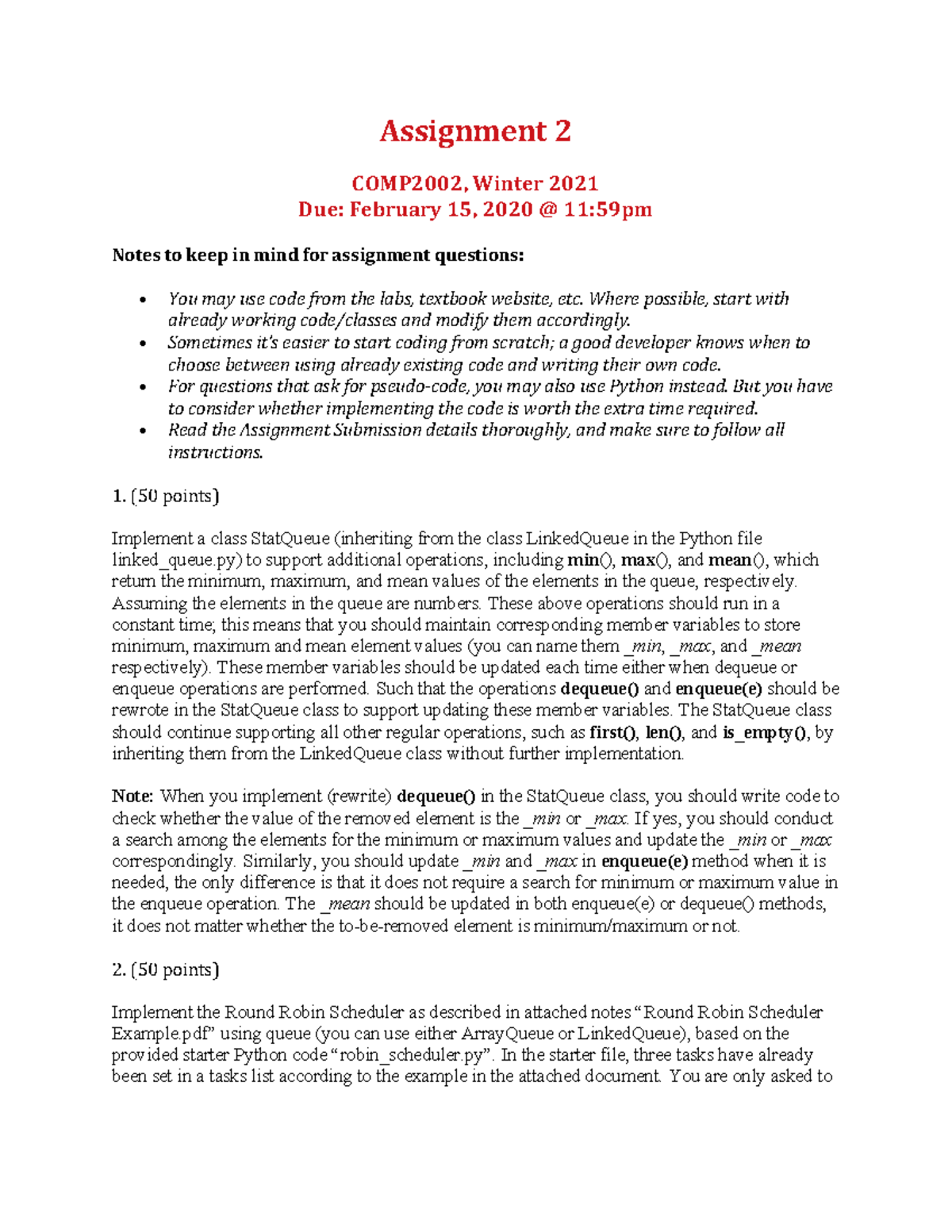 Assign 2 - Assignment 2 COMP2002, Winter 2021 Due: February 15, 2020 ...