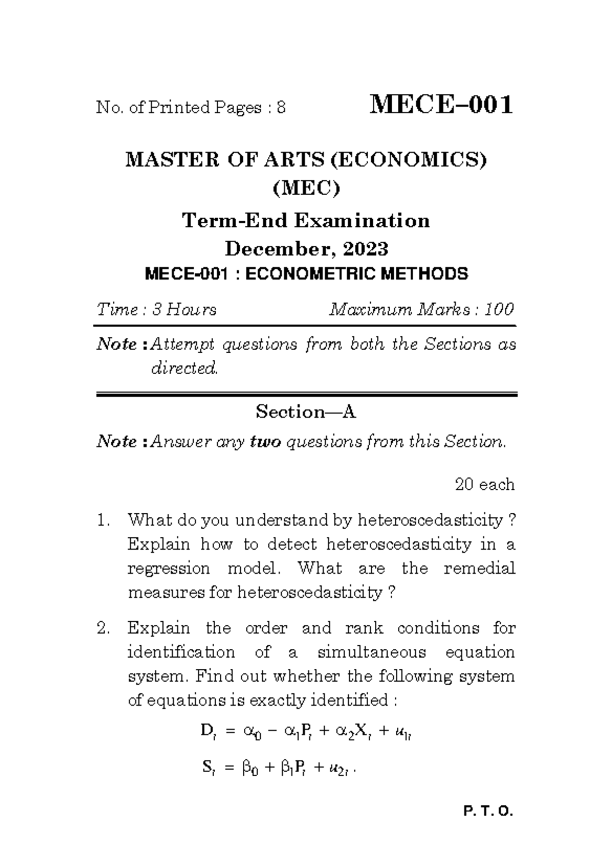 MEC E-001 - MECE 001 Econometrics methods December 2023 question paper ...