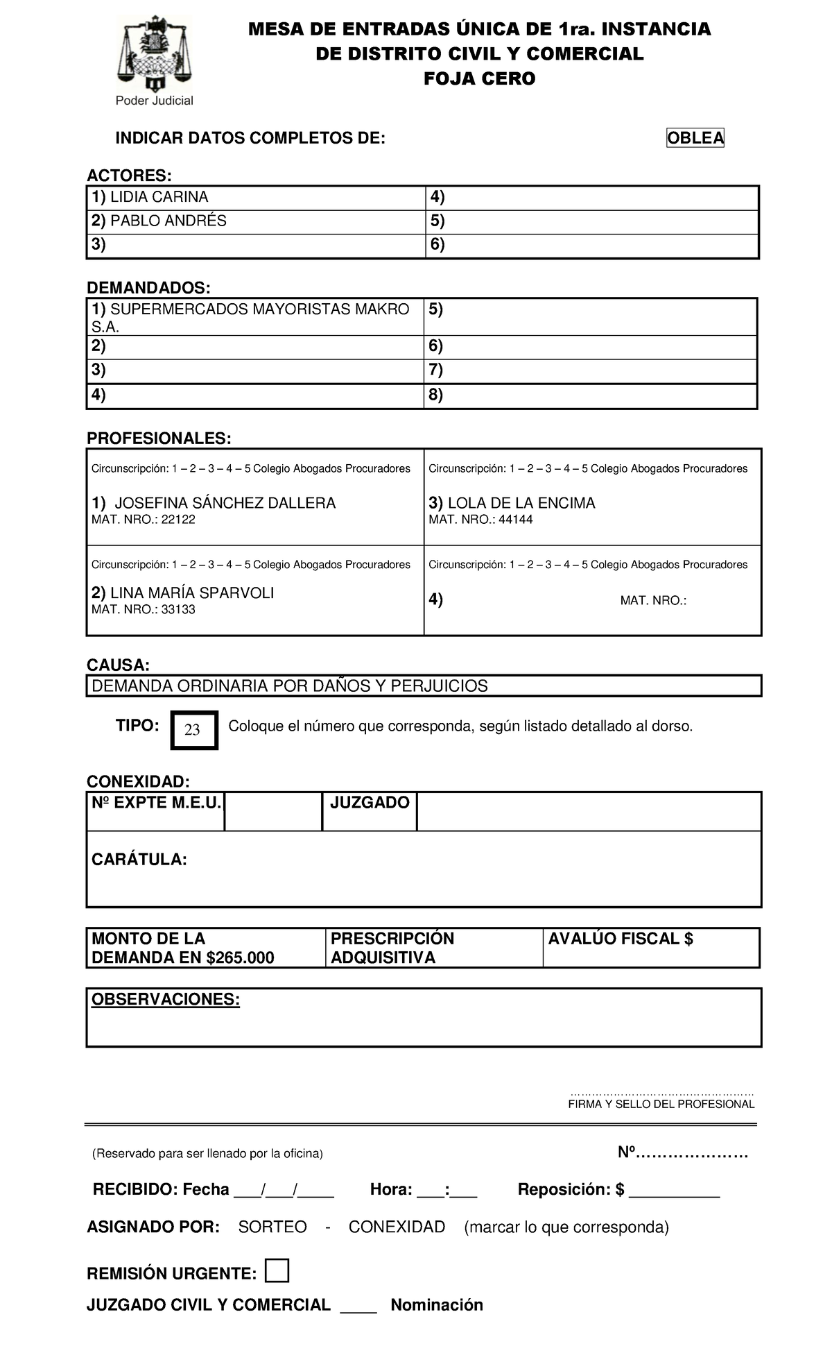 MODELO DE FOJA CERO - MESA DE ENTRADAS ÚNICA DE 1ra. INSTANCIA DE ...