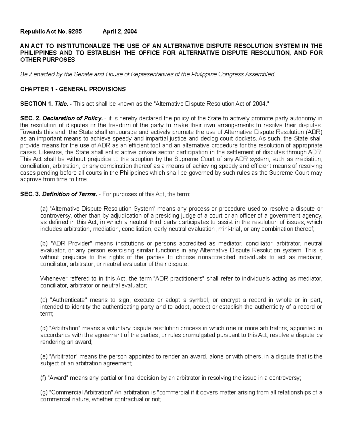 Dispute resolution handout - Republic Act No. 9285 April 2, 2004 AN ACT ...